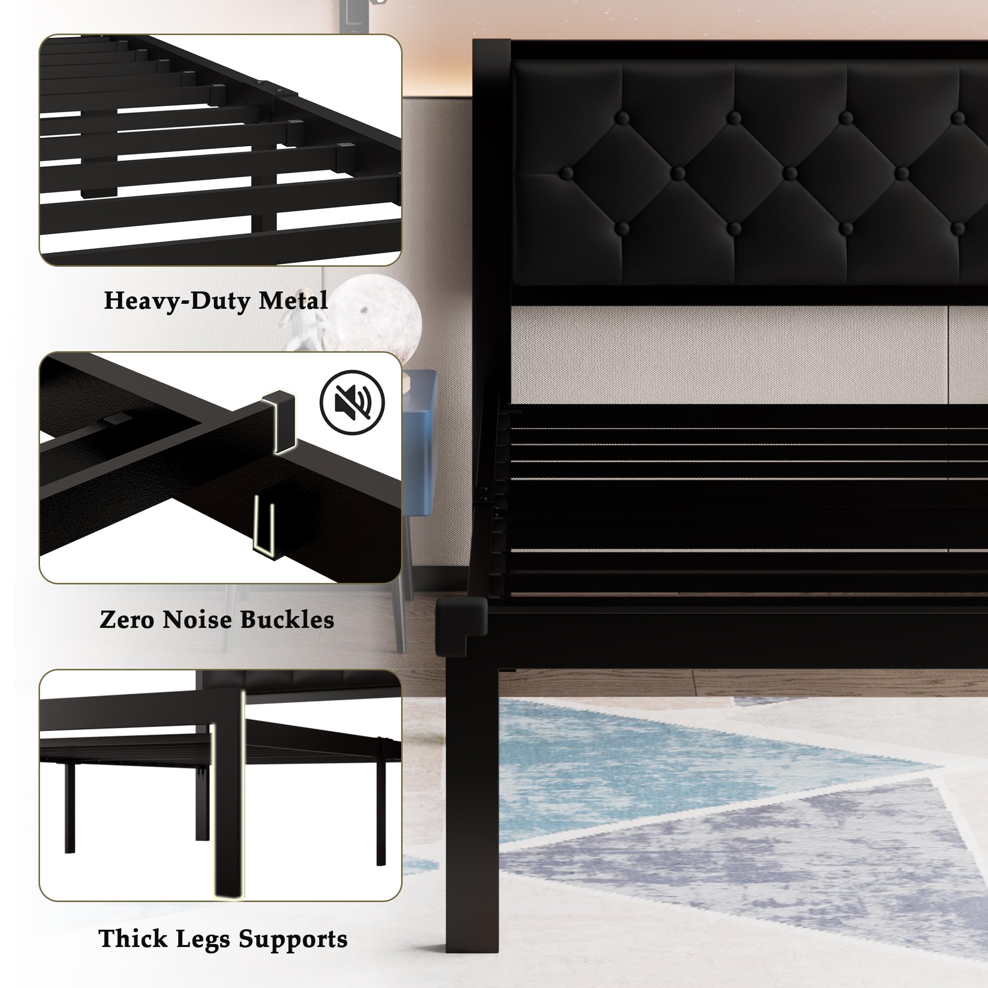 Feonase Twin Size Metal Bed Frame with Faux Leather Button Tufted Headboard, Heavy-Duty Platform Bed Frame with 12" Storage, Steel Slats Support, No Box Spring Needed, Noise Free, Black