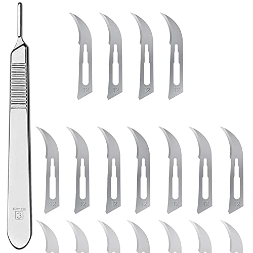AAProTools 15 Pack Blades 12 and Scalpel Handle Stainless Steel, Size 12 Scalpel Blades with Knife Scalpel, High Carbon Steel Dermablade 12 Blades and Handle