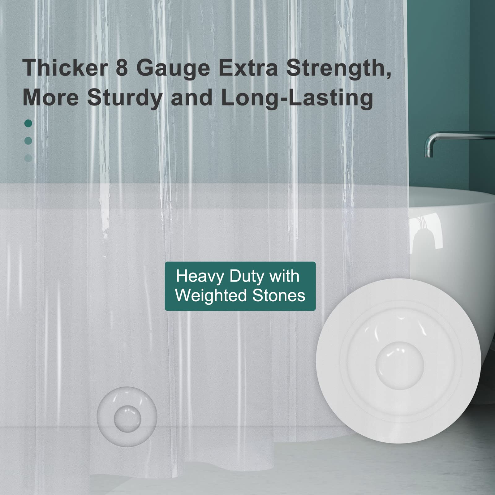 AmazerBath Plastic Shower Curtain Liner, 72 x 72 Inches EVA 8G Heavy Duty Clear Shower Curtain Liner, Waterproof Weighted Thick Bathroom Curtain with 3 Clear Weights and 12 Rustproof Grommet Holes