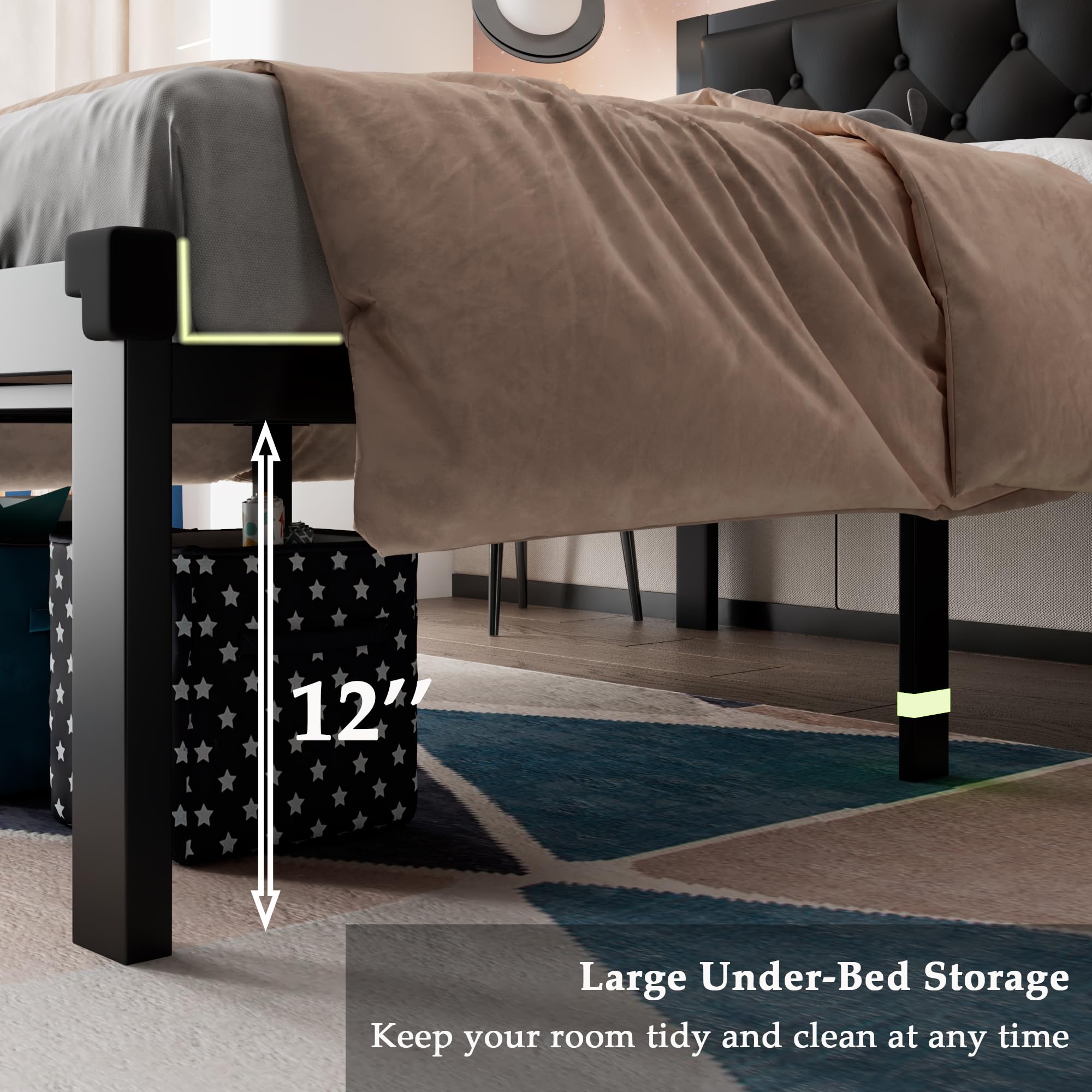 Feonase Twin Size Metal Bed Frame with Faux Leather Button Tufted Headboard, Heavy-Duty Platform Bed Frame with 12" Storage, Steel Slats Support, No Box Spring Needed, Noise Free, Black