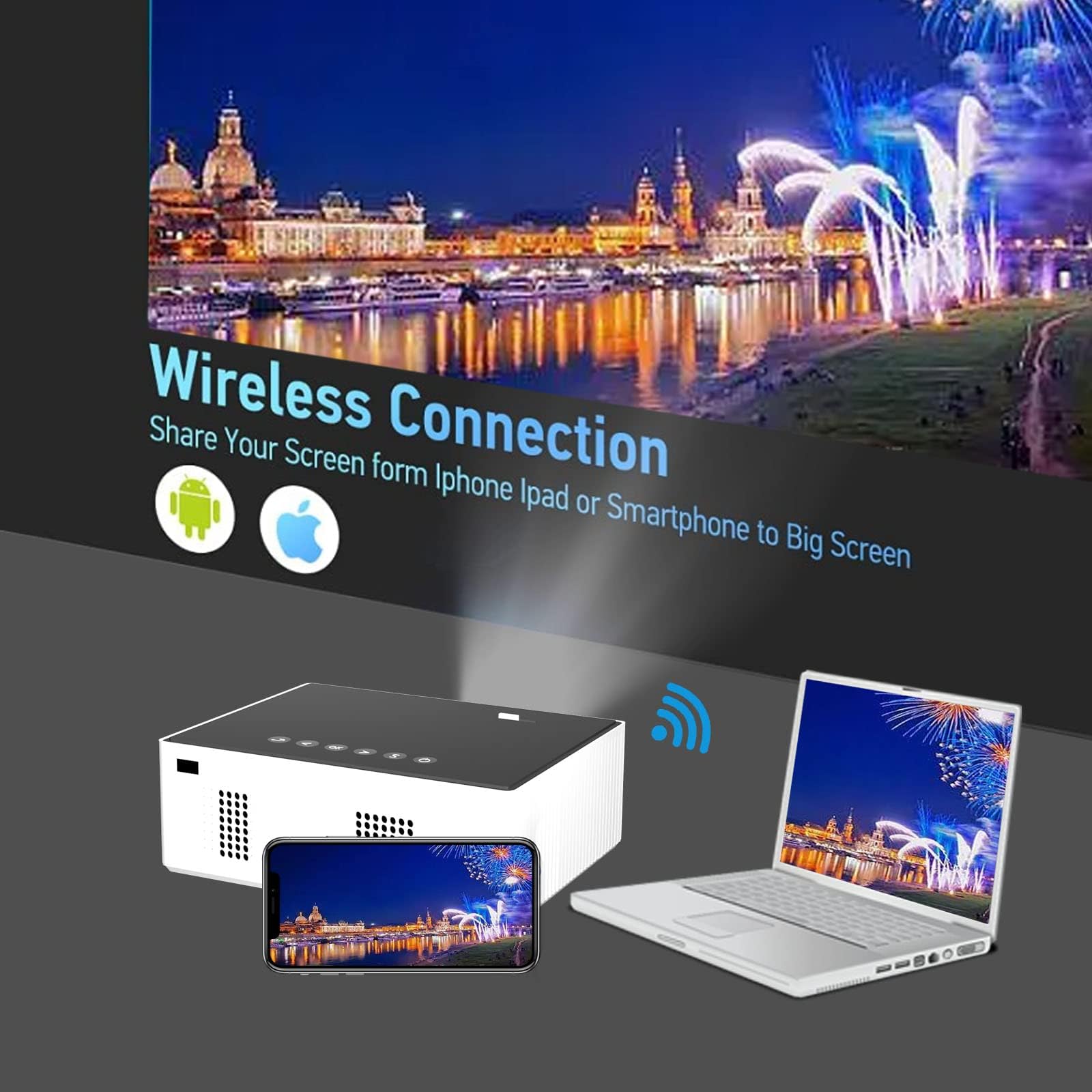 Video Projector, 5G WiFi Bluetooth Projector Full HD 1080P Projector 4K Support Movie Projector 8500L Oudoor Portable Mini Projector Compatible with TV Stick Laptop Tablet PC HDMI USB TF DVD