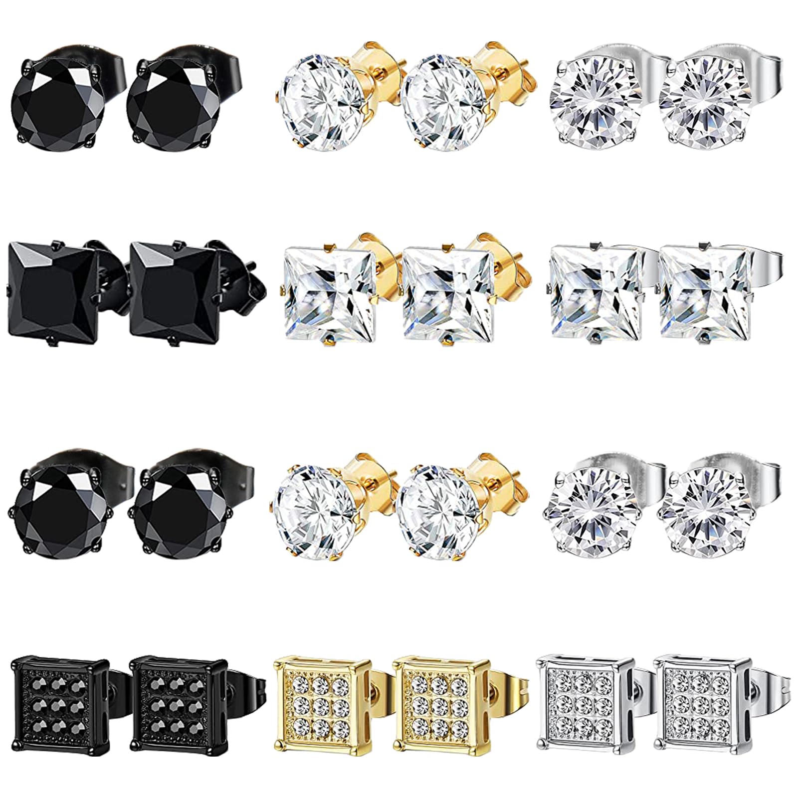 NEWITIN 12 Pairs Stainless Steel Stud Earrings for Men Hypoallergenic Earrings Inlaid Cubic Zirconia Men Earrings Hoop Earrings Stud Earrings for Women Men
