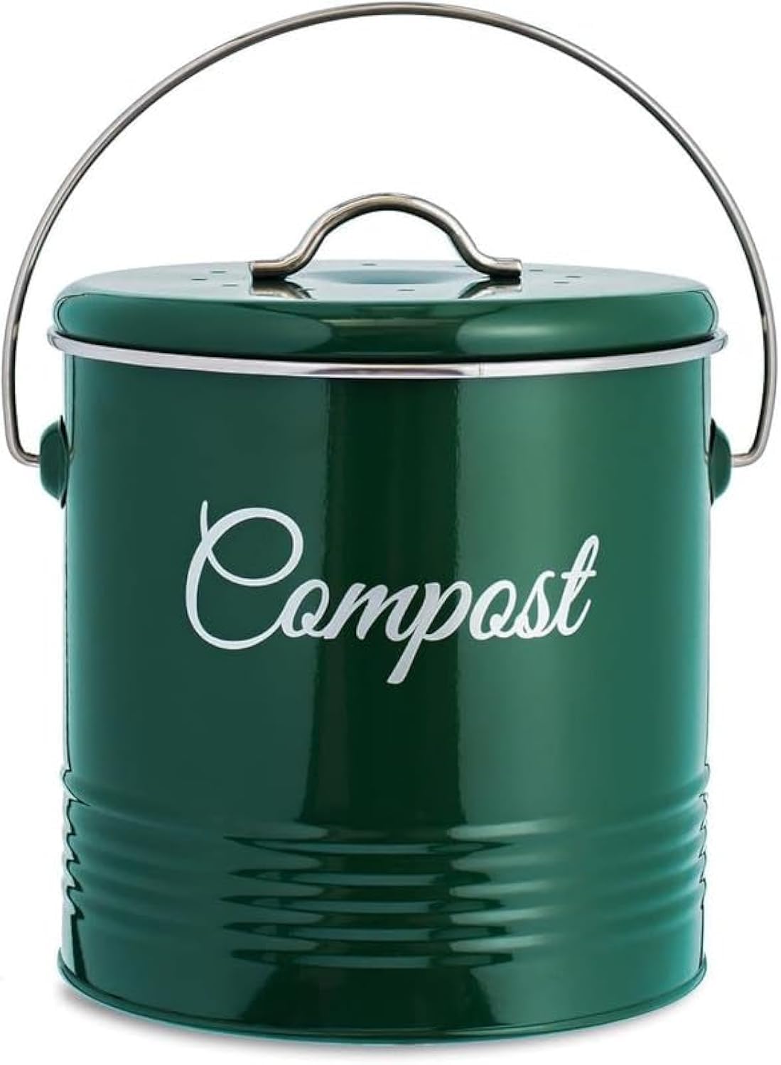 Innoteck Essentials Compost Bucket - 5 Litre Kitchen Composting Bucket - Charcoal Filters and Lid for Indoor Organic Food Waste Recycling - Metal Kitchen Compost Bin - Glossy Green