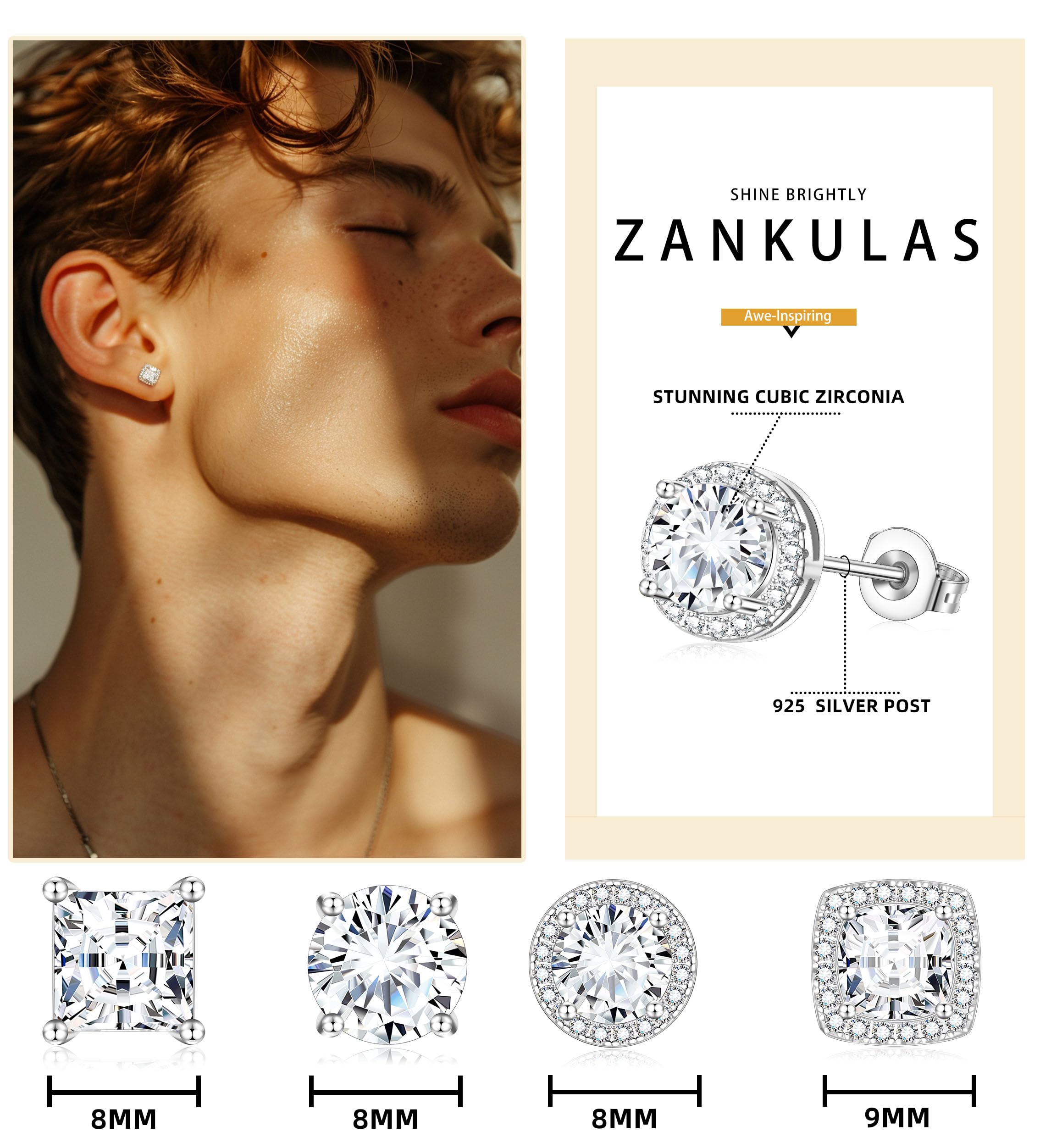 Zankulas Cubic Zirconia Stud Earrings for Women Mens Earrings Hypoallergenic Sterling Silver Post Square CZ Studs Set Silver