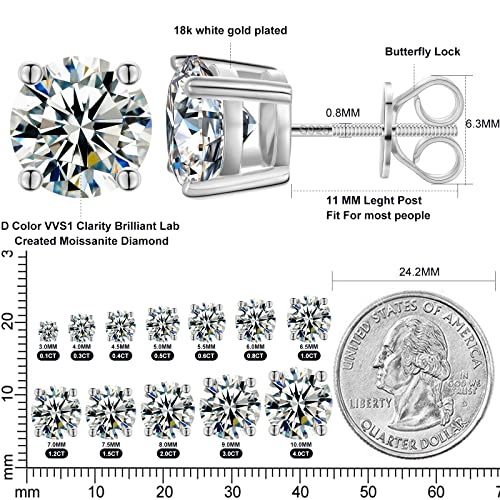 Moissanite Stud Earrings Screw Back 2.0CT 6.5MM*2 18K White Gold Plated S925 Sterling Silver Round Cut D Color VVS1 Clarity Lab Created Moissanite Diamond Earrings for Women Men