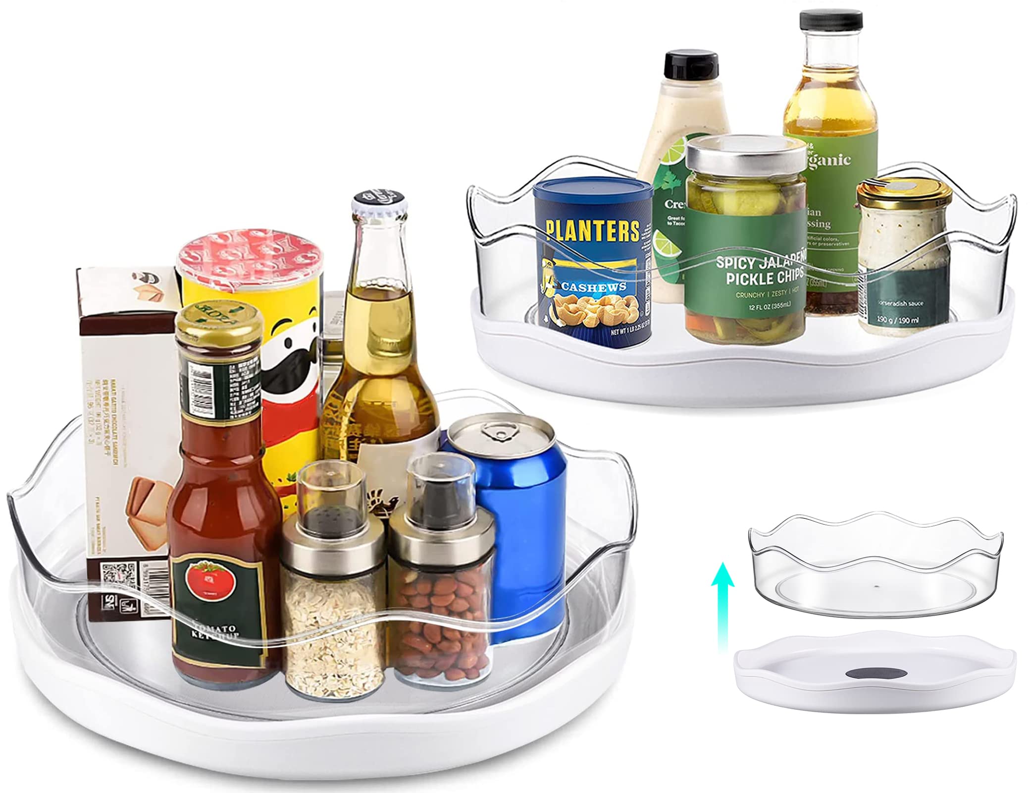 [2 Pack] Lazy Susan Organizer with Removable Bins, Non-Skid Rotating Spice Rack Organizer for Cabinet, Lazy Susan Turntable for Cabinet Fridge Kitchen Bathroom Makeup Organization, 9" & 11", White
