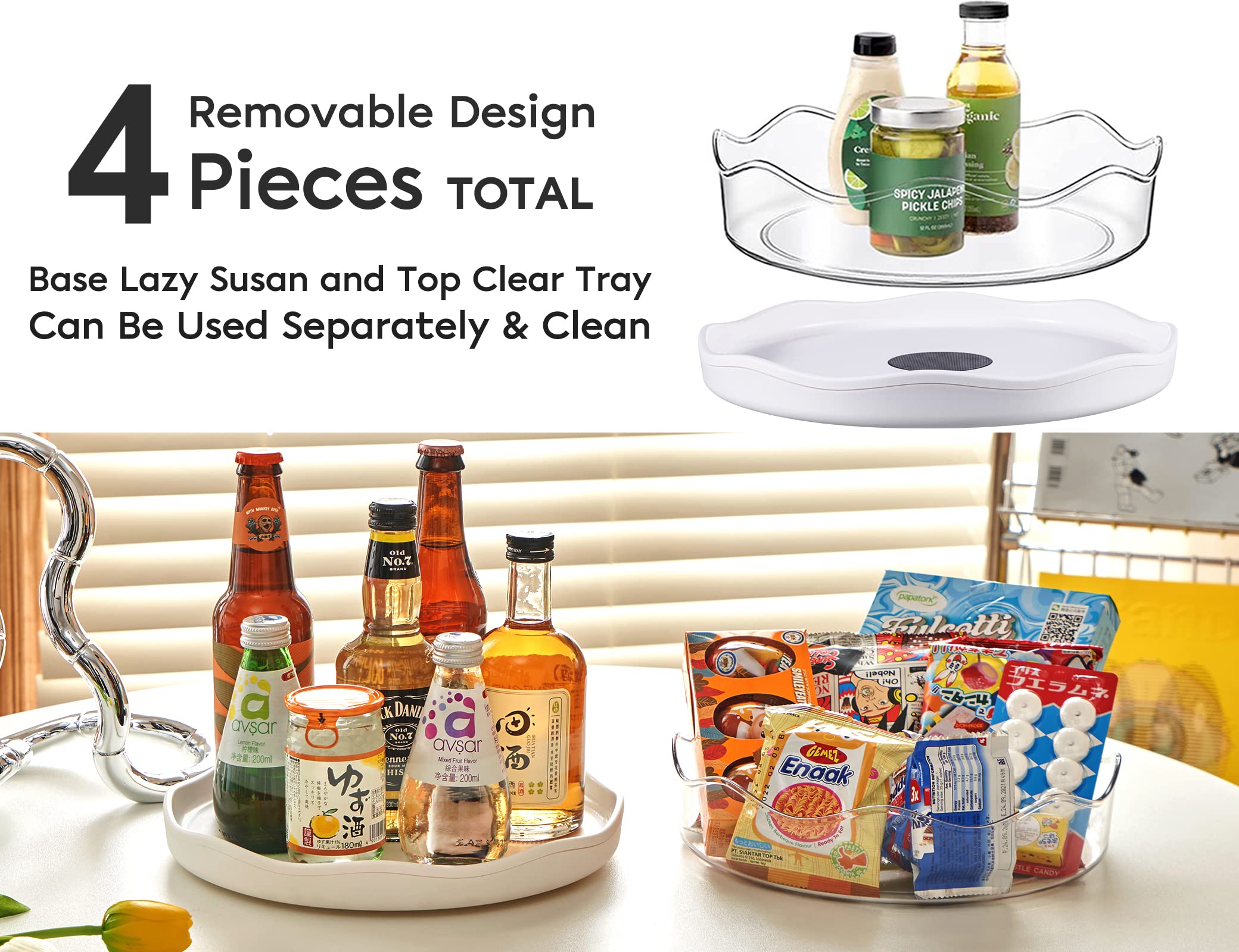 [2 Pack] Lazy Susan Organizer with Removable Bins, Non-Skid Rotating Spice Rack Organizer for Cabinet, Lazy Susan Turntable for Cabinet Fridge Kitchen Bathroom Makeup Organization, 9" & 11", White