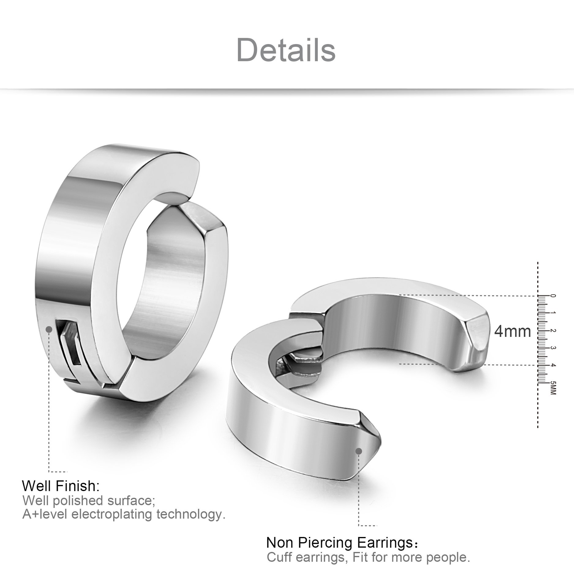 Jstyle Stainless Steel Mens Womens Clip On Earrings Hoop Huggie Non-Piercing Hypoallergenic White