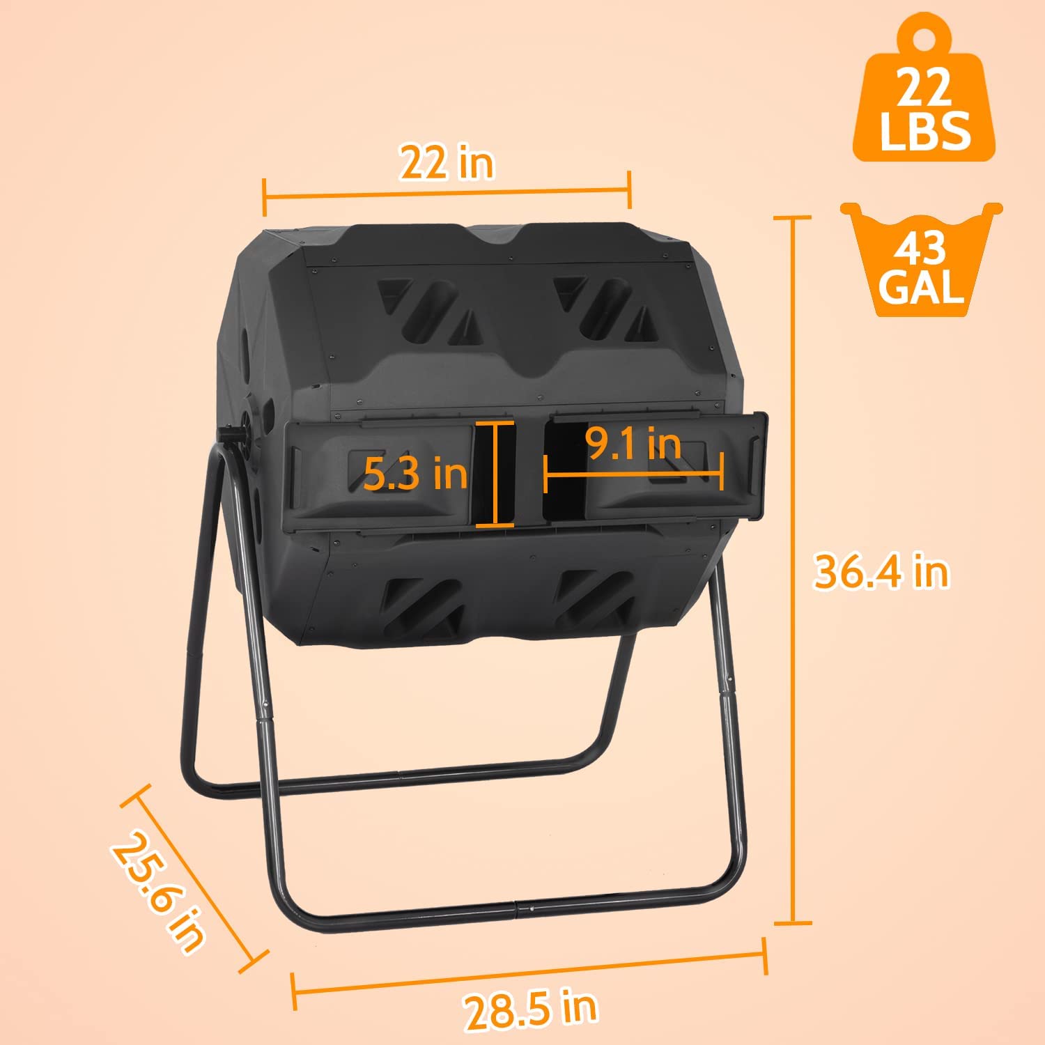 Compost Bin, 43 Gallon Large Capacity Composting Bins Tumbling Composter, Outdoor Composting Bin with 2 Sliding Doors & Solid Steel Frame, BPA Free Dual Chamber Compost Tumbling Bin for Garden Yard