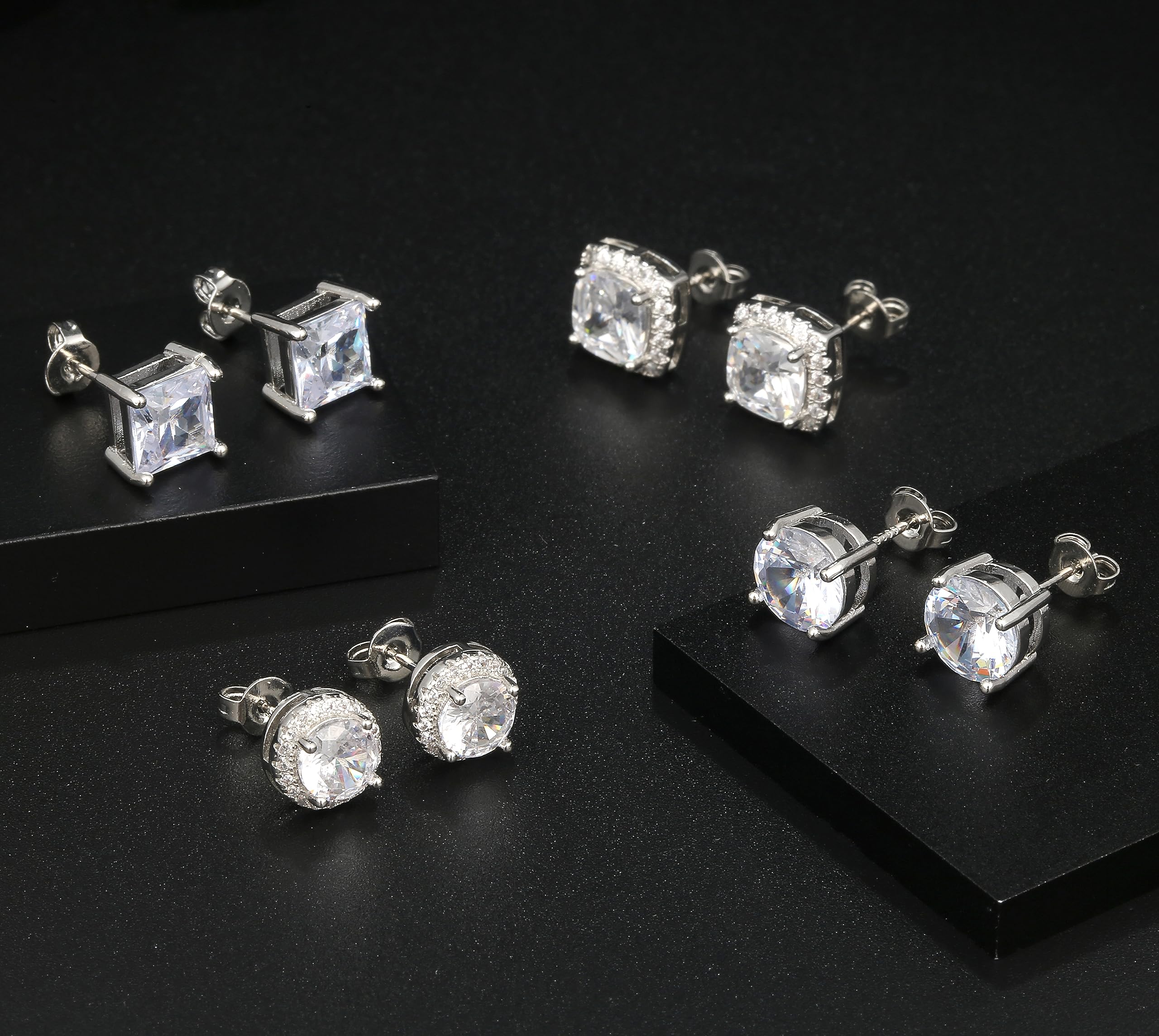Zankulas Cubic Zirconia Stud Earrings for Women Mens Earrings Hypoallergenic Sterling Silver Post Square CZ Studs Set Silver