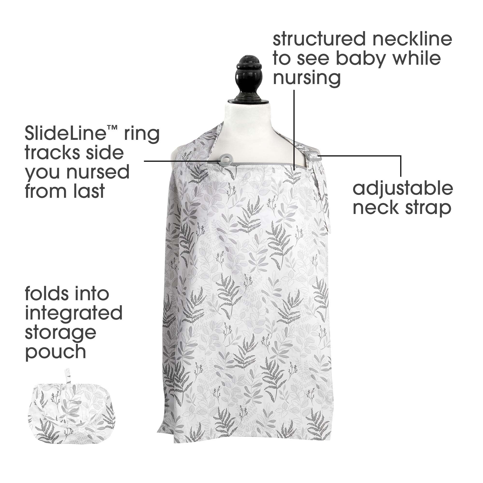Boppy Nursing Cover for Breastfeeding | Gray Fern | Apron Style with Compact Integrated Storage Pocket | Neckline to See Baby While Feeding for Nursing Mother