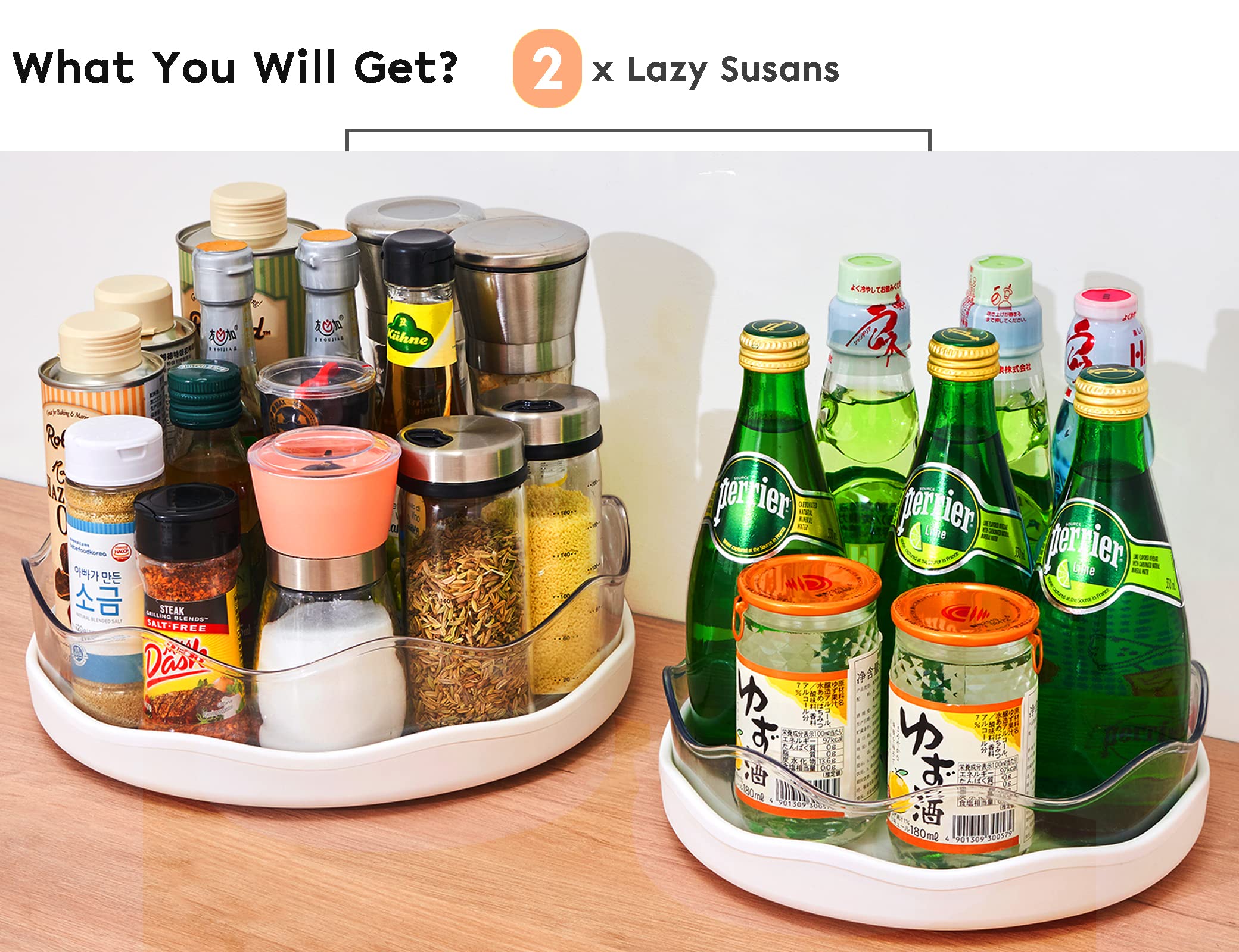 [2 Pack] Lazy Susan Organizer with Removable Bins, Non-Skid Rotating Spice Rack Organizer for Cabinet, Lazy Susan Turntable for Cabinet Fridge Kitchen Bathroom Makeup Organization, 9" & 11", White