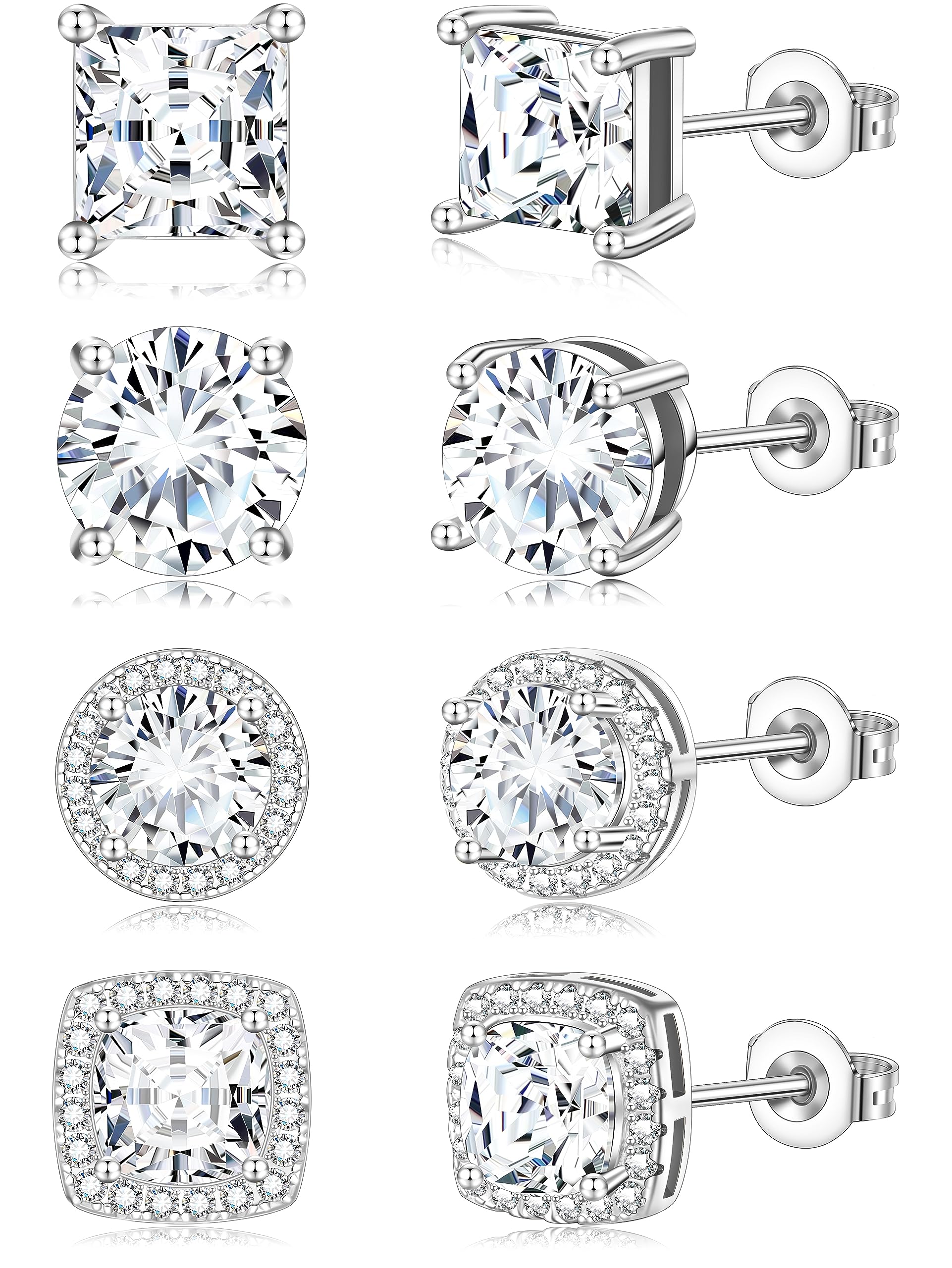 Zankulas Cubic Zirconia Stud Earrings for Women Mens Earrings Hypoallergenic Sterling Silver Post Square CZ Studs Set Silver