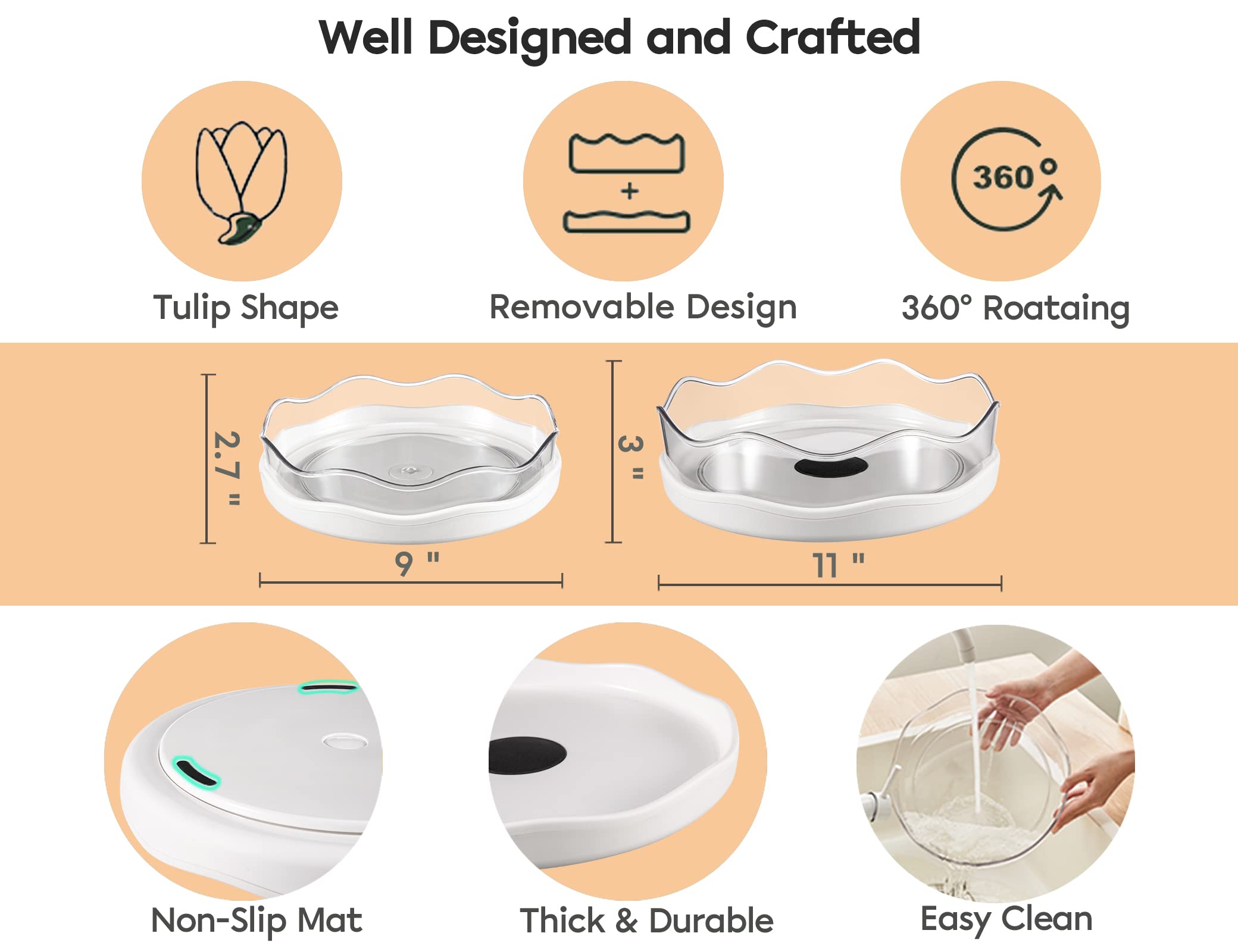 [2 Pack] Lazy Susan Organizer with Removable Bins, Non-Skid Rotating Spice Rack Organizer for Cabinet, Lazy Susan Turntable for Cabinet Fridge Kitchen Bathroom Makeup Organization, 9" & 11", White