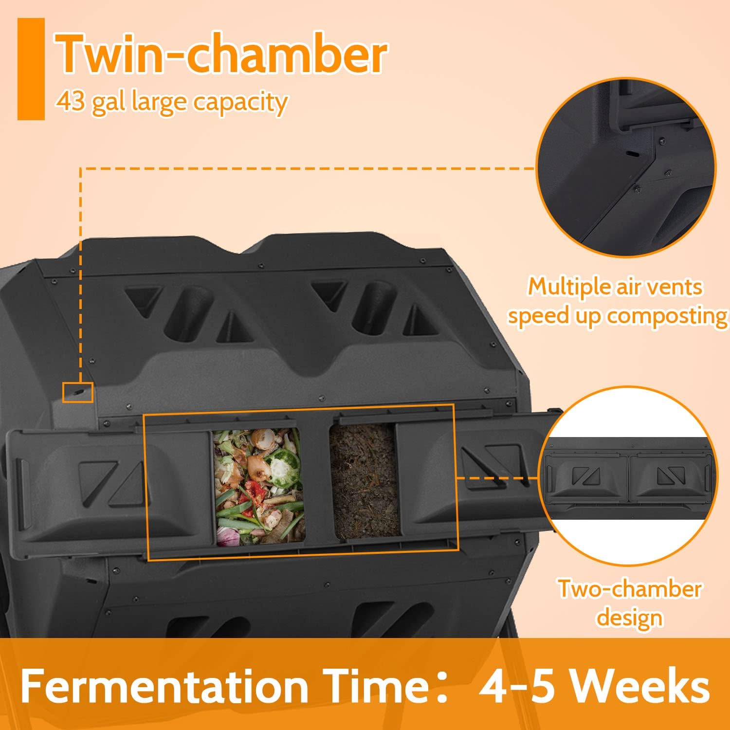 Compost Bin, 43 Gallon Large Capacity Composting Bins Tumbling Composter, Outdoor Composting Bin with 2 Sliding Doors & Solid Steel Frame, BPA Free Dual Chamber Compost Tumbling Bin for Garden Yard