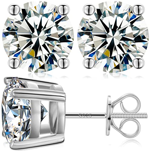 Moissanite Stud Earrings Screw Back 2.0CT 6.5MM*2 18K White Gold Plated S925 Sterling Silver Round Cut D Color VVS1 Clarity Lab Created Moissanite Diamond Earrings for Women Men