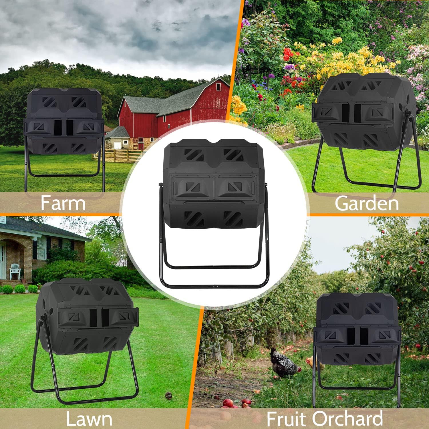 Compost Bin, 43 Gallon Large Capacity Composting Bins Tumbling Composter, Outdoor Composting Bin with 2 Sliding Doors & Solid Steel Frame, BPA Free Dual Chamber Compost Tumbling Bin for Garden Yard
