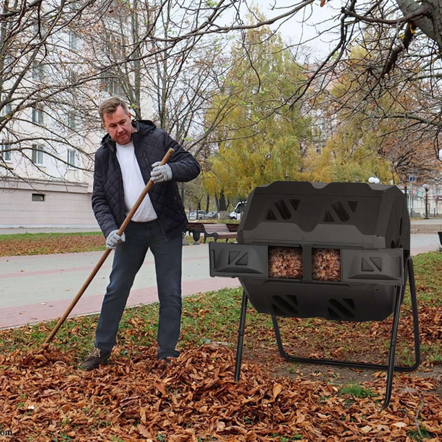 Compost Bin, 43 Gallon Large Capacity Composting Bins Tumbling Composter, Outdoor Composting Bin with 2 Sliding Doors & Solid Steel Frame, BPA Free Dual Chamber Compost Tumbling Bin for Garden Yard