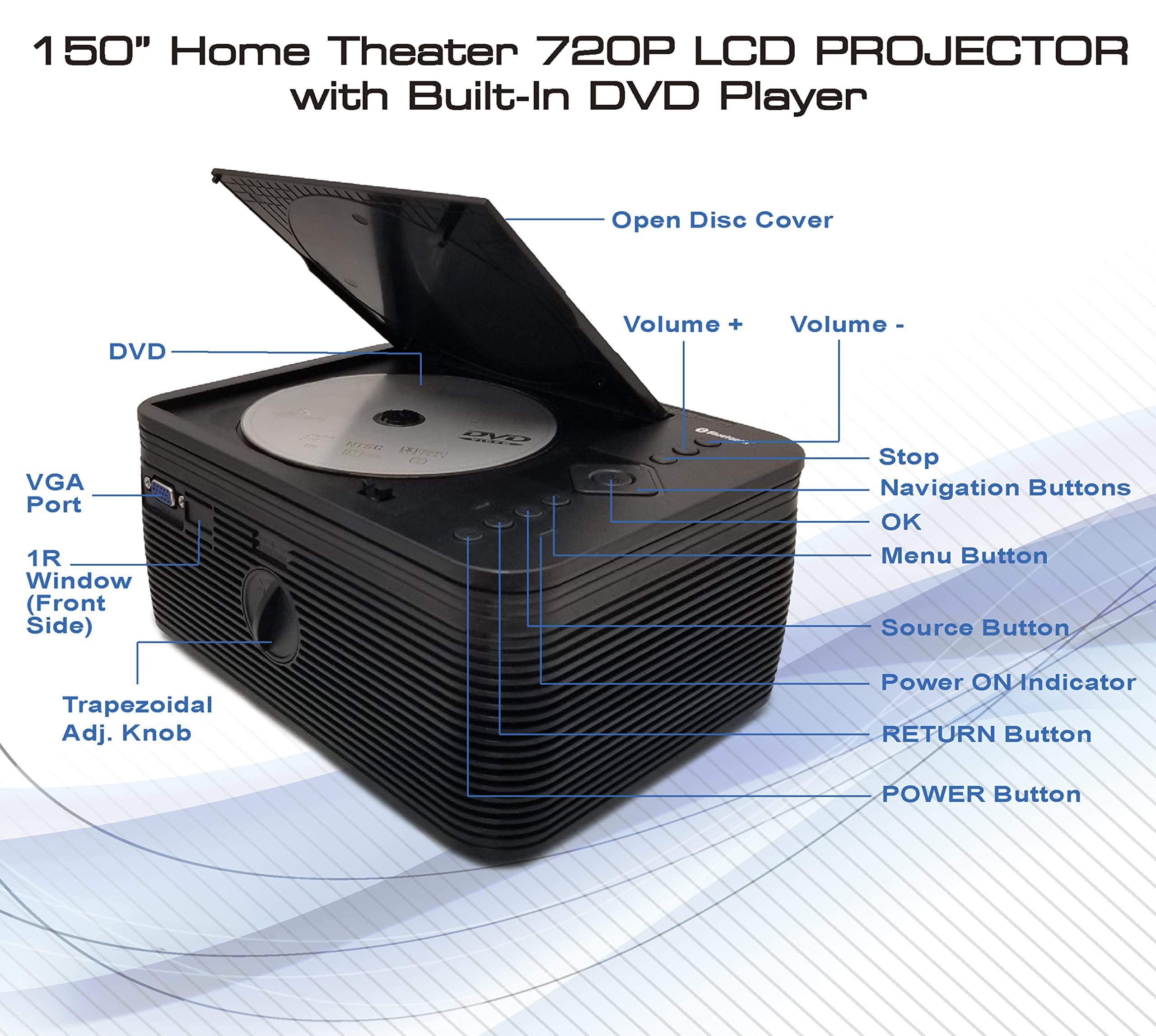 Naxa NVP-2500 150-Inch Home Theater 720p LCD Projector with Built-in DVD Player and Bluetooth