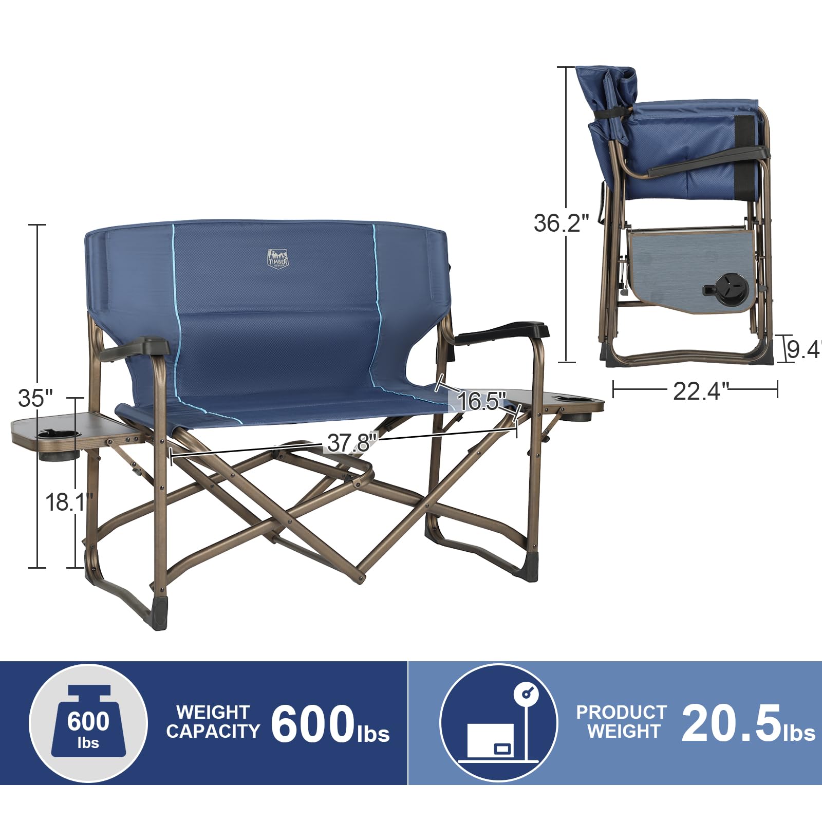 TIMBER RIDGE Director Chair, 16.54" x 37.8" x 35.04", Blue