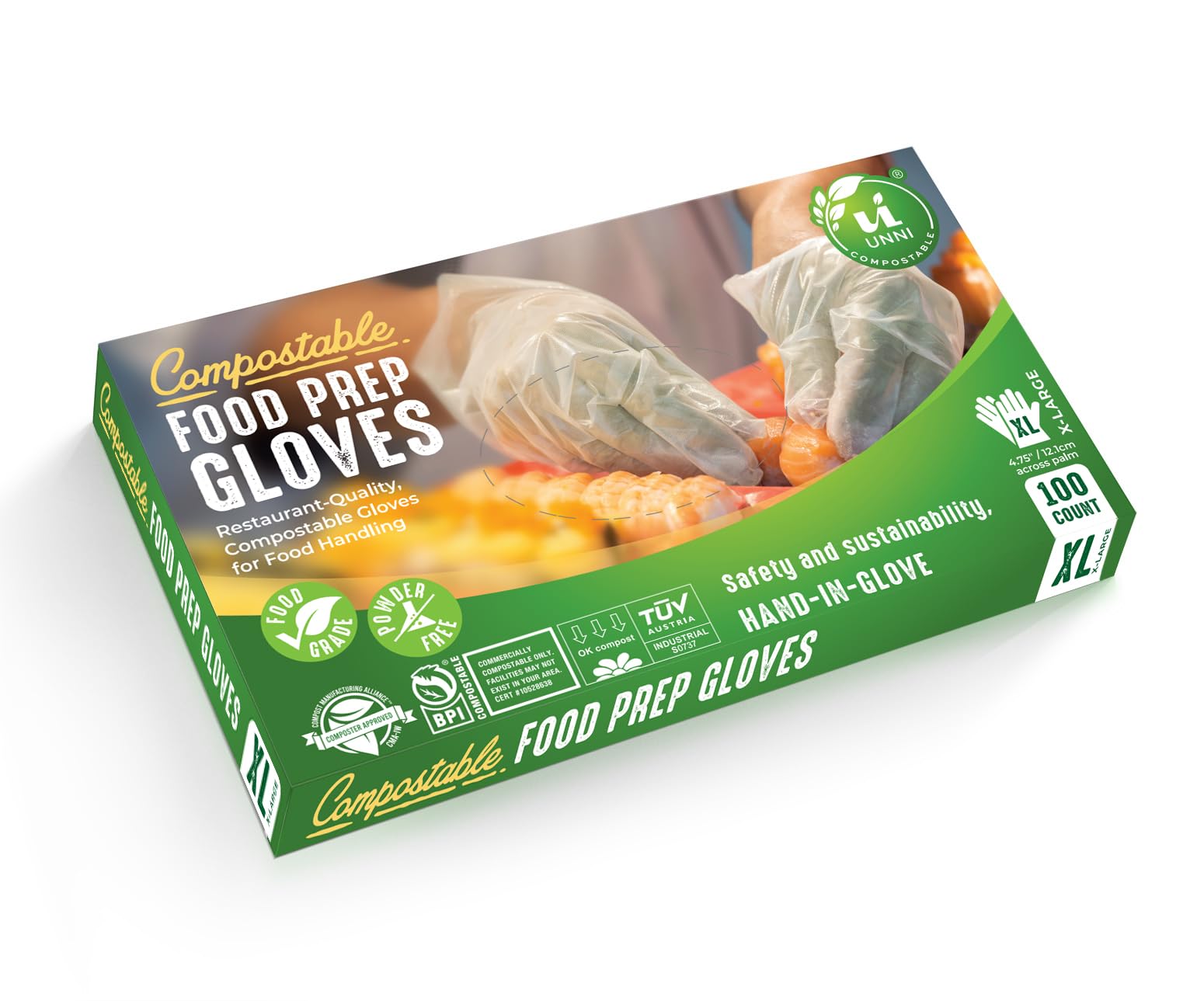 UNNI Compostable Food Prep Gloves, X-Large, 100 Count, Powder-Free, For Food Handling & Cleaning, ASTM D6400, BPI Certified