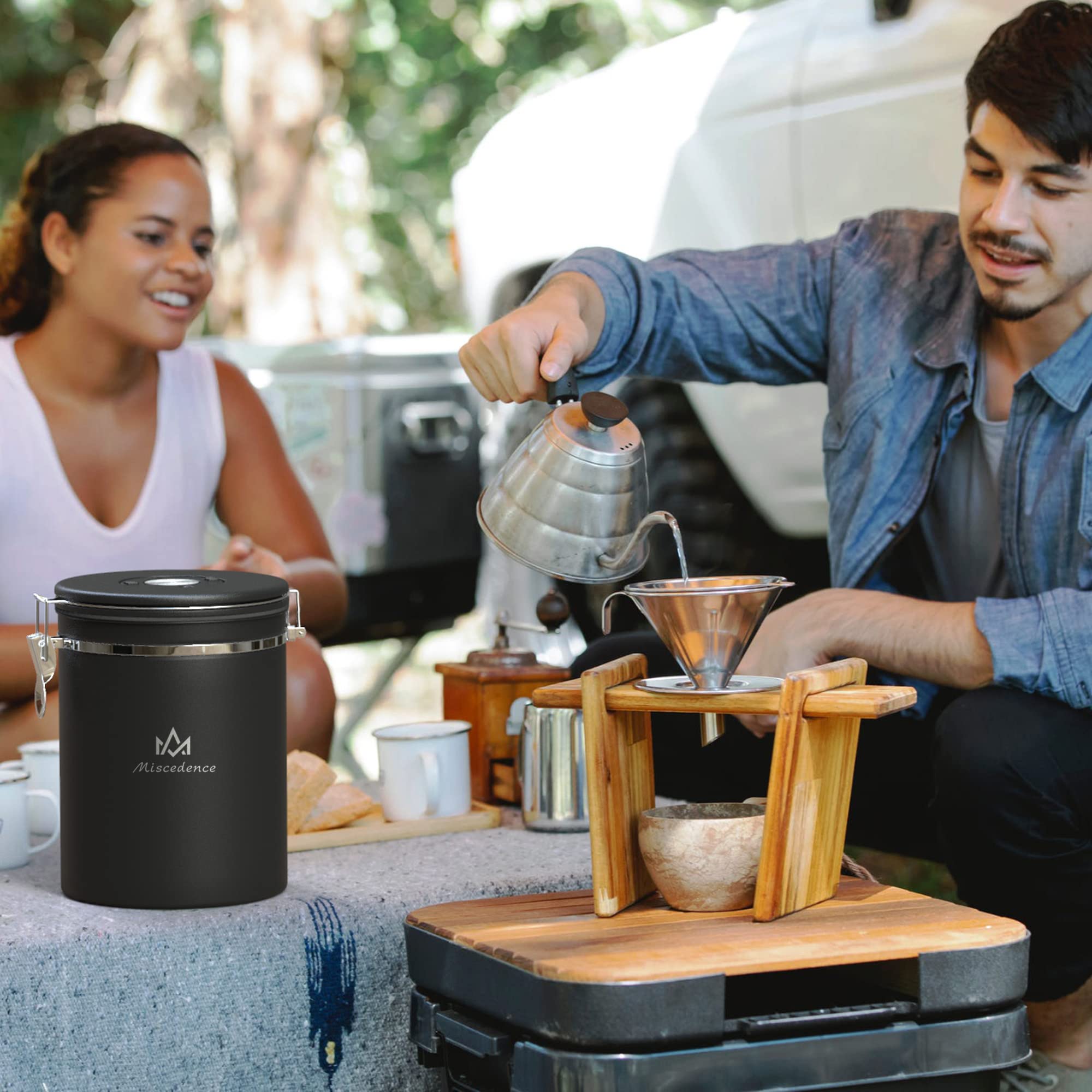 Miscedence 35OZ Coffee Canister for ground coffee with Date Tracker,One Way Co2 Valve 304 Stainless Steel Kitchen Food Airtight storage container for Coffee Beans or Grounds, Sugar (35oz Black-New)