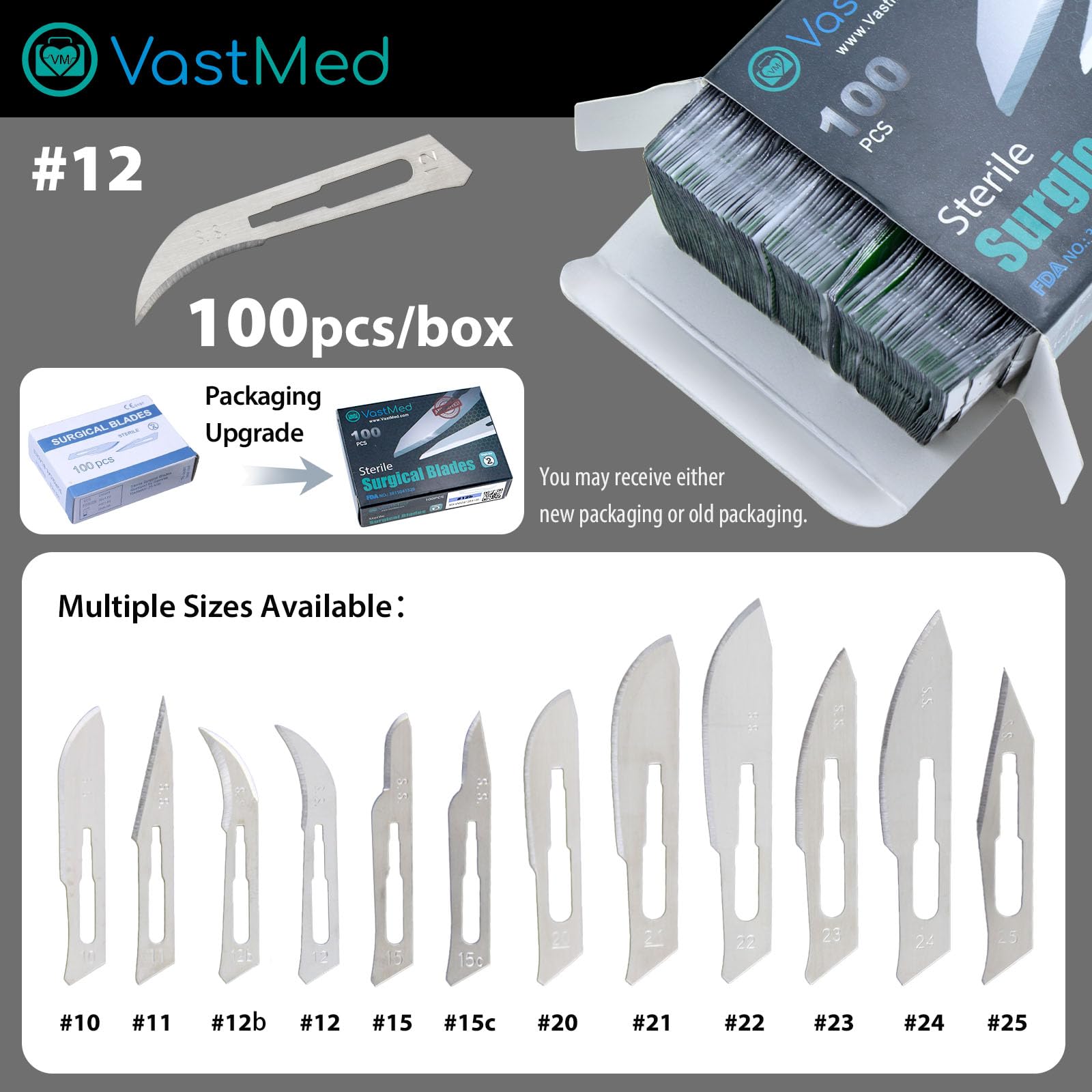 100PCs Dental Grade #12 Stainless Steel Sterile Surgical Blades by VASTMED | Individually Wrapped High Stainless Steel Dermablade Surgical Blade