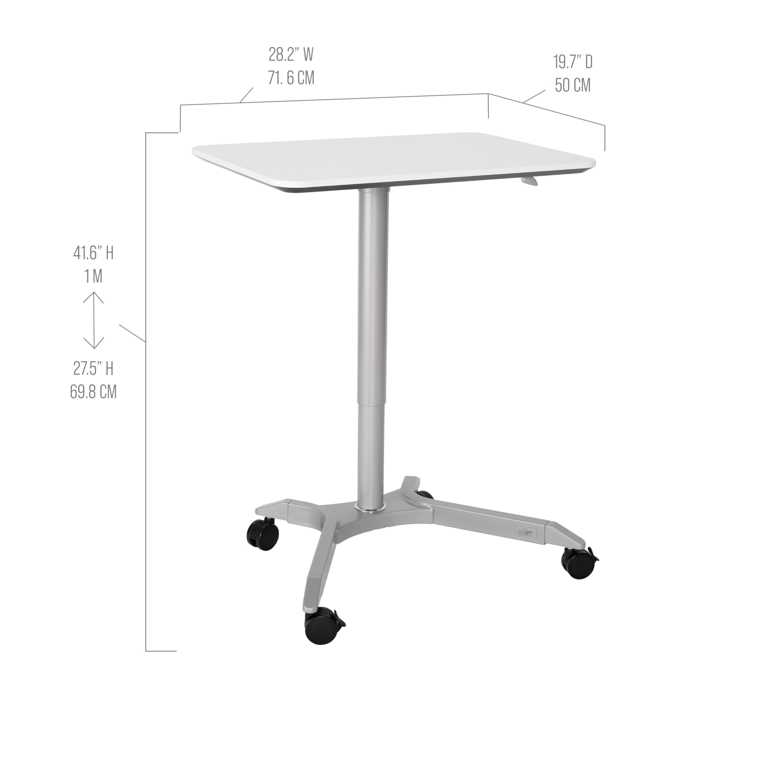 Seville Classics Airlift Height Adjustable Pneumatic Laptop Sit Stand Desk Mobile Rolling Cart Computer Workstation for Home Office, Classroom, 28" XL Desktop (New Model), White