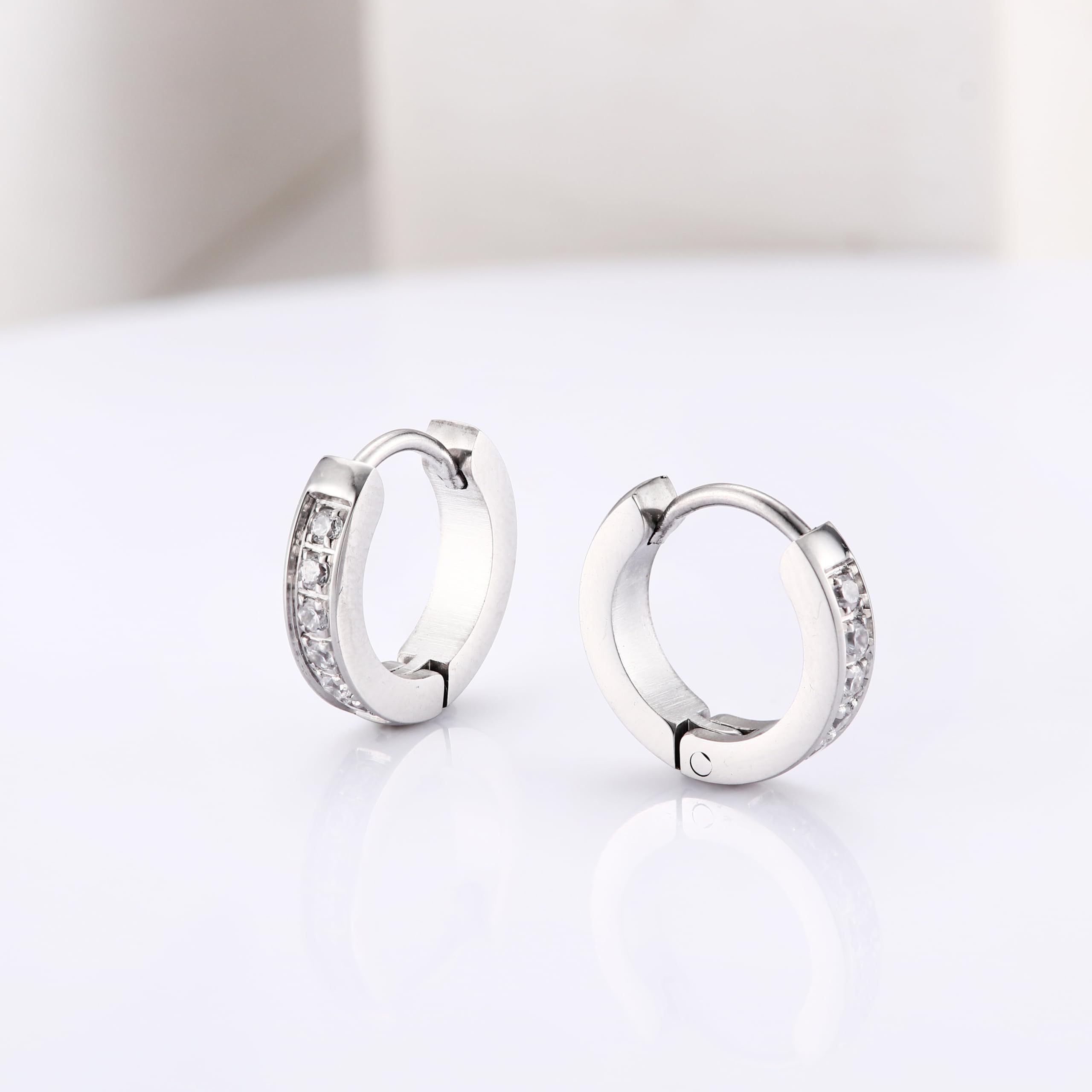 FIBO STEEL 13MM Stainless Steel Small Hoop Earrings for Men Women Huggie Earrings CZ Inlaid Silver-Tone