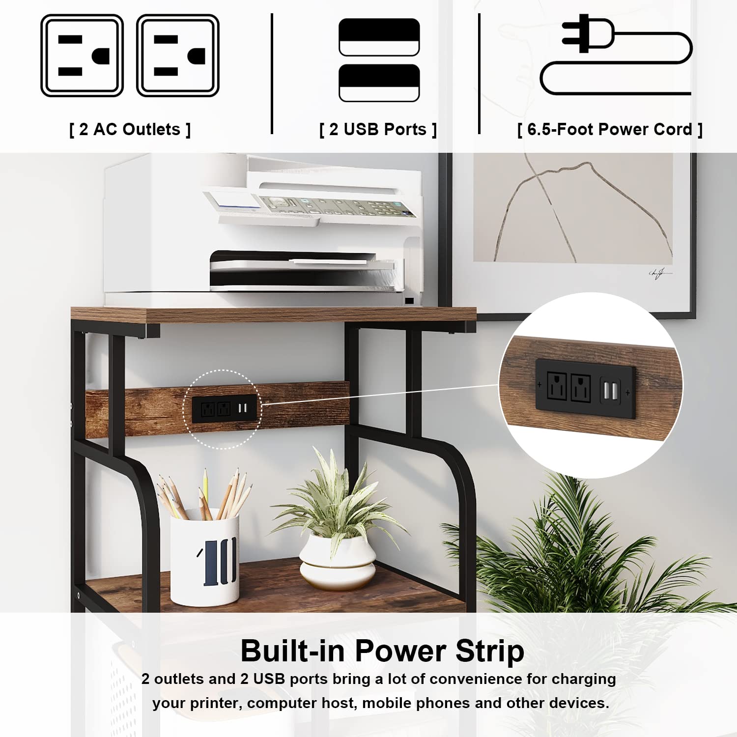 VEDECASA Mobile High Printer Stand with Power Outlet Charging Plugs USB Port Office Storage Shelf Includes Computer Tower CPU Stand Holder with Wheel (Brown)