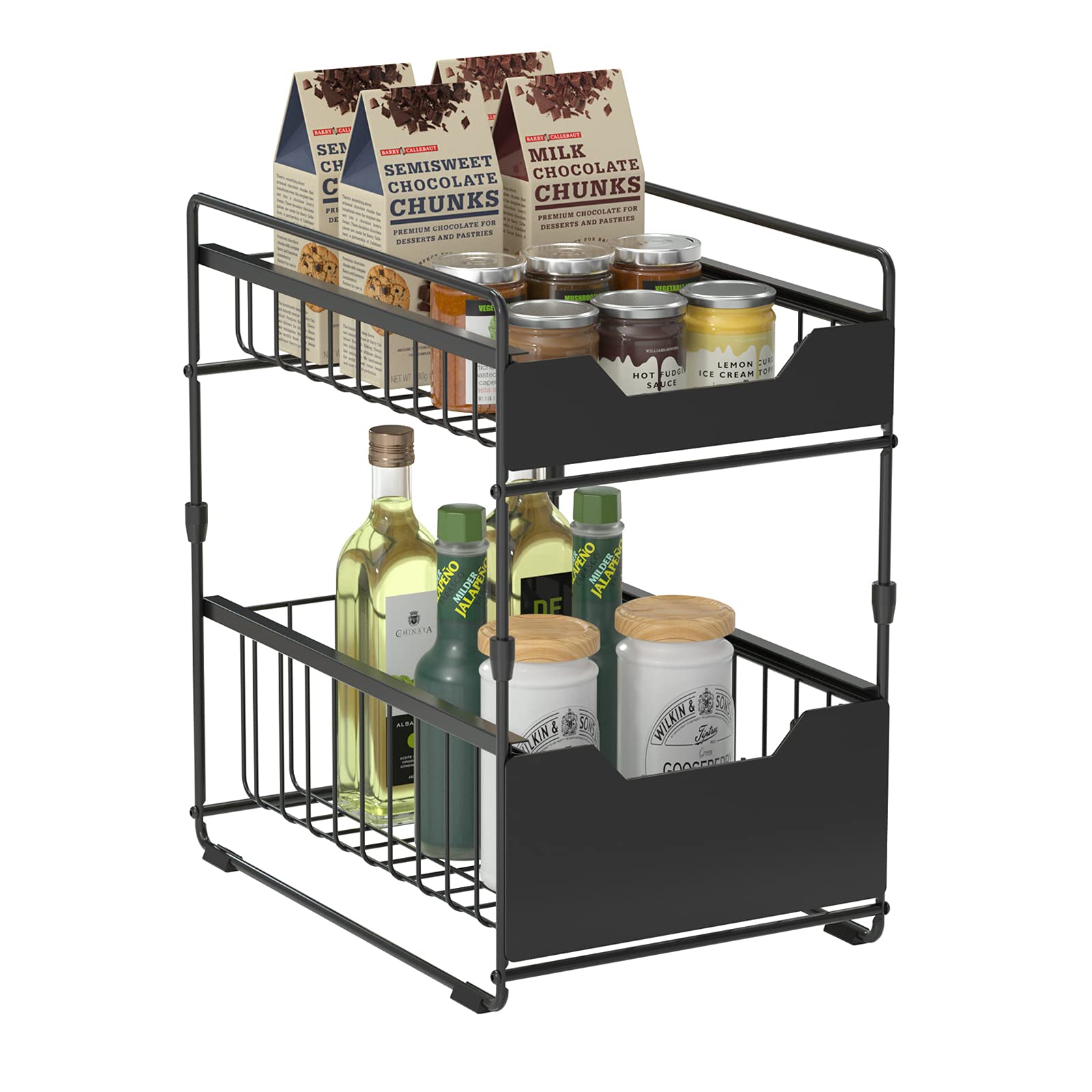 Isharp Spice Rack Kitchen Organizer Cabinet Storage,2-Tier Pull Out Bathroom Storage Under Sink Cabinet Organizers with Sliding Storage Drawer (black)