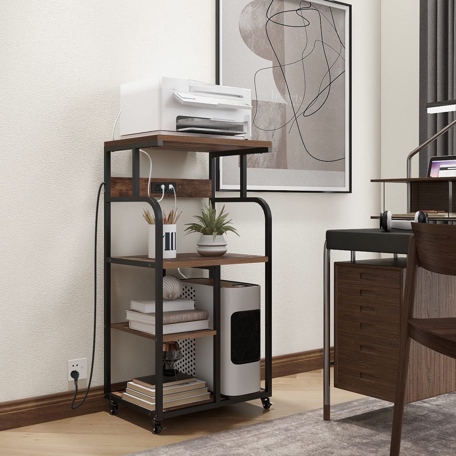 VEDECASA Mobile High Printer Stand with Power Outlet Charging Plugs USB Port Office Storage Shelf Includes Computer Tower CPU Stand Holder with Wheel (Brown)