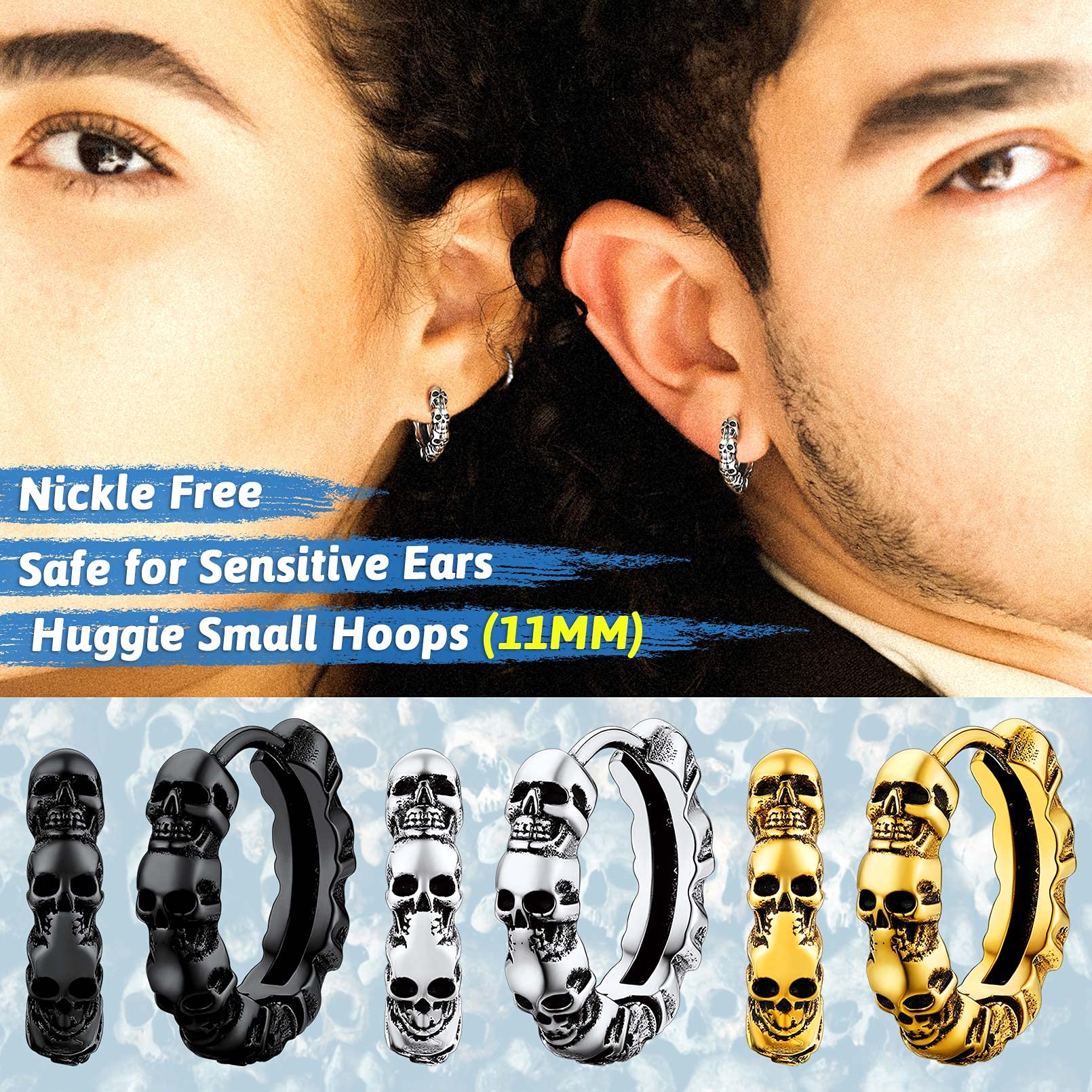 Black Skull Hoops Mens Huggie Circle Hoop Earrings for Man Gothic Punk Jewelry for Rapper Reggae Statement Ear Charms