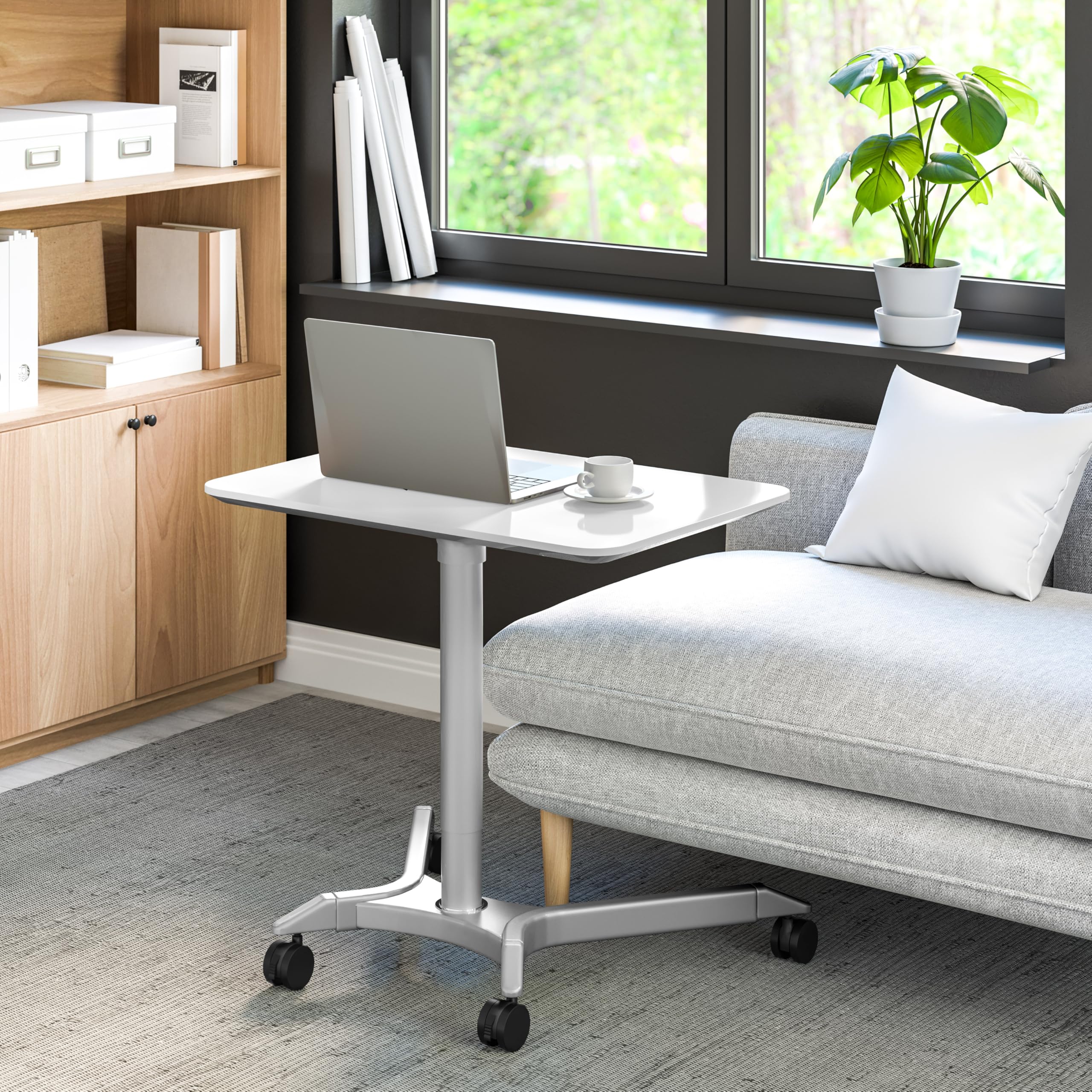 Seville Classics Airlift Height Adjustable Pneumatic Laptop Sit Stand Desk Mobile Rolling Cart Computer Workstation for Home Office, Classroom, 28" XL Desktop (New Model), White