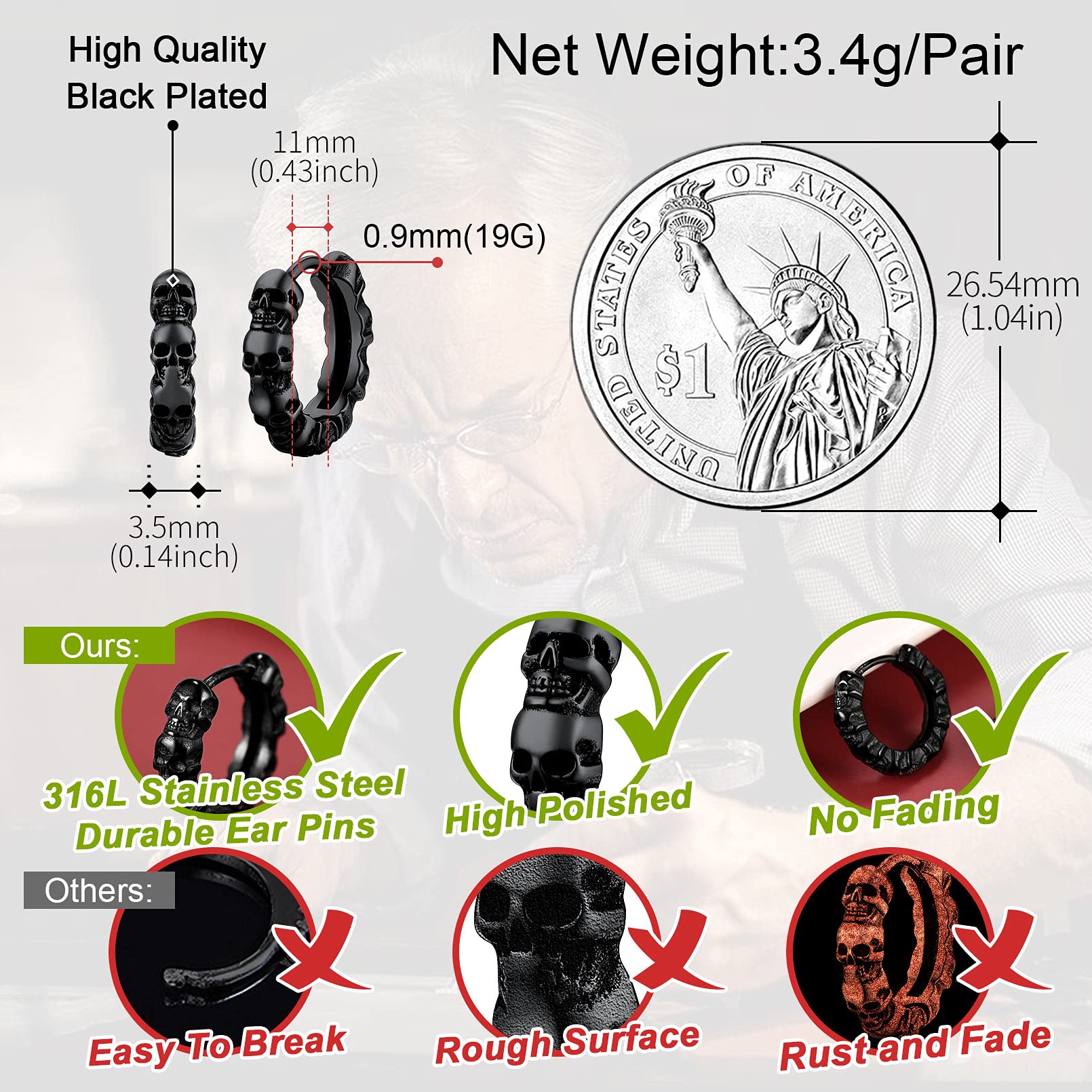 Black Skull Hoops Mens Huggie Circle Hoop Earrings for Man Gothic Punk Jewelry for Rapper Reggae Statement Ear Charms