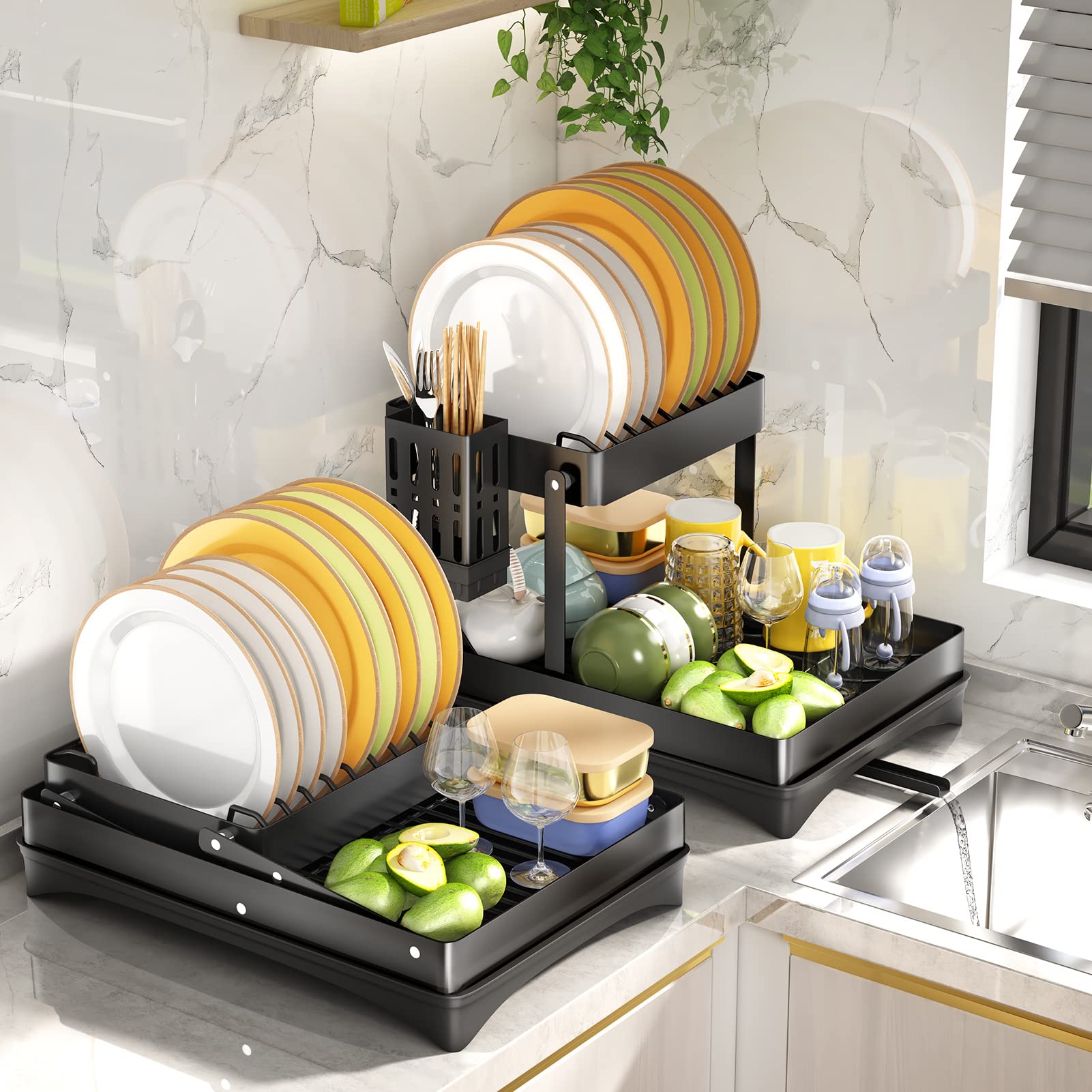 HERJOY Dish Drying Rack, Collapsible Dish Rack for Kitchen Counter with Drainboard Set, Stainless Steel Folding Dish Drainer Organizer Storage with Utensil Holder, Black