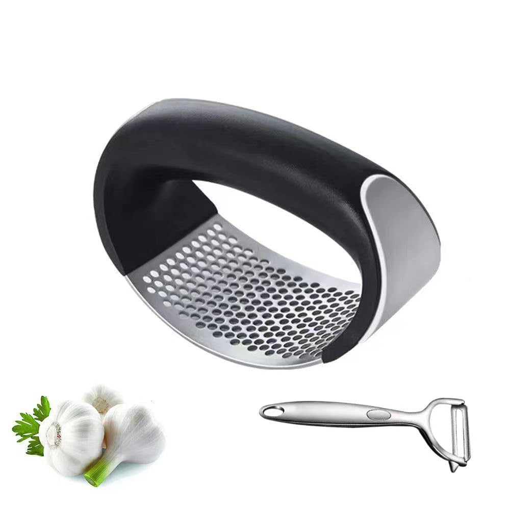 Garlic Press Rocker Stainless Steel Garlic Mincer Garlic Crusher Garlic Chopper with Peeler and Scraper Brush for Smash Garlic