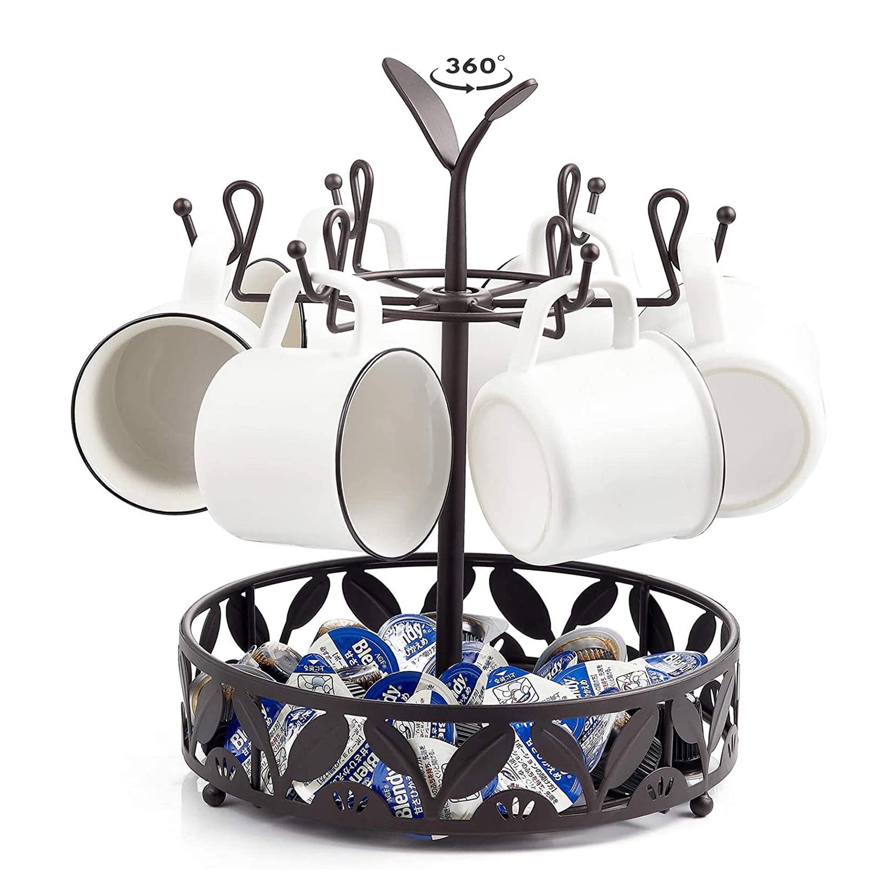 ALLCENER Mug Tree Countertop, Rotatable Mug Holder Stand, Coffee Pod Holder with Mug Rack, Coffee Mug Rack with 6 Hooks for Coffee Bar Counter Cabinets and Kitchen Organizer