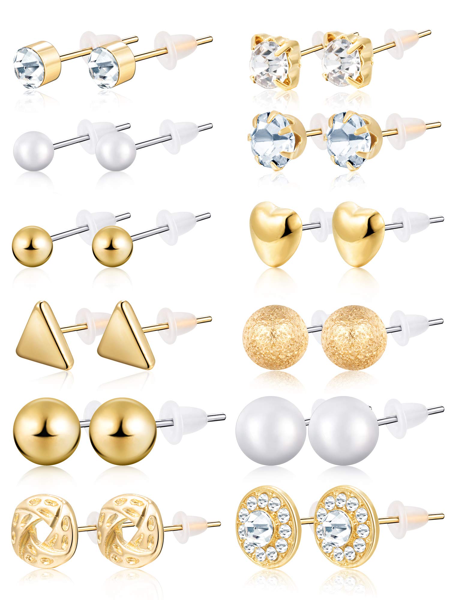 BBTO 24 Pairs Stud Earrings Crystal Pearl Earring Set Ear Stud Jewelry for Women Men(Gold)