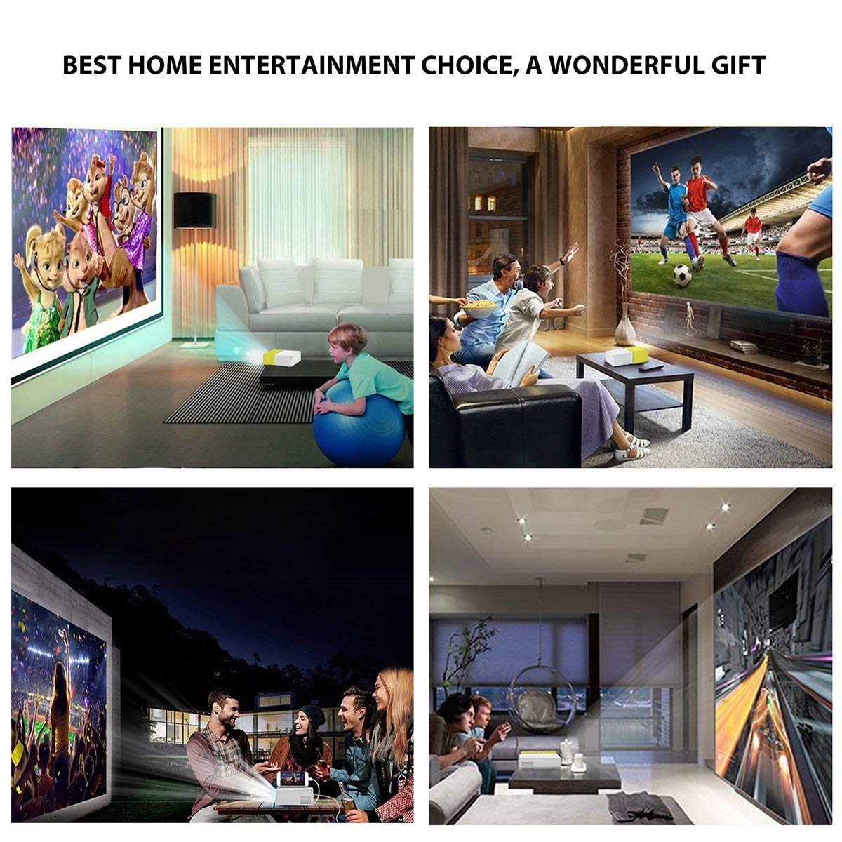 Mini Projector, Movie Projector with 10000 Hours LED Lamp Life and 1080P Supported Projector, with HDMI USB AV Interfaces and Remote Control, Outdoor Entertainment,Video TV Party Game, Kids Gift