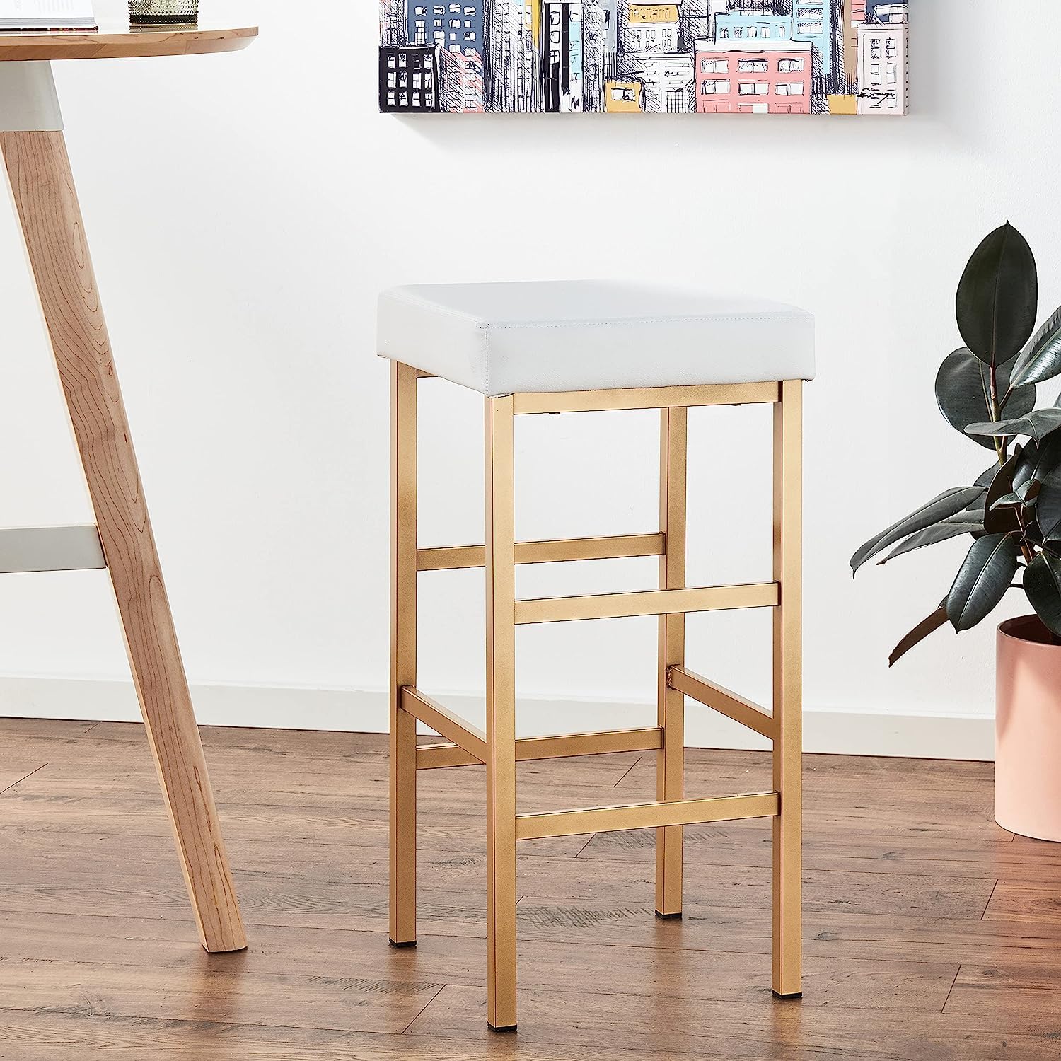 OSP Home Furnishings Backless Stool with Gold Frame, 30-Inch, White