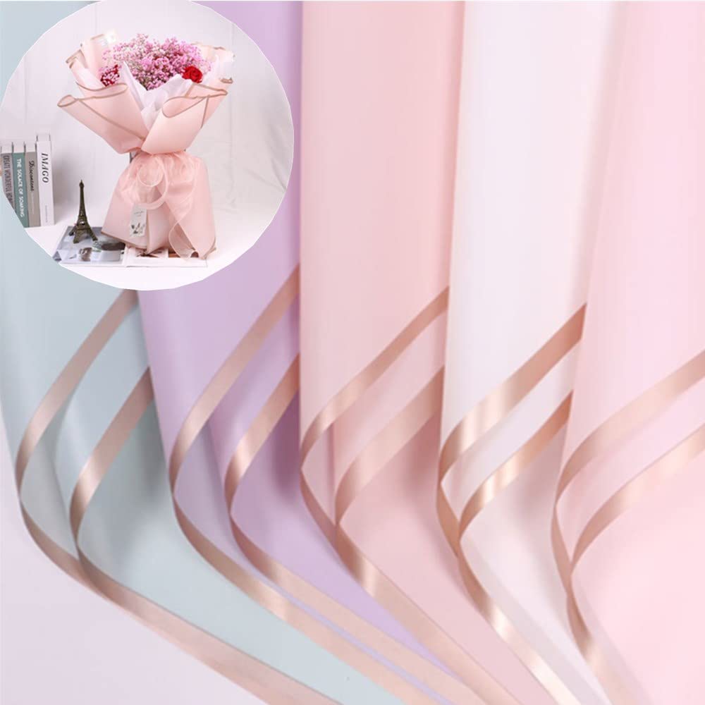 OUKEYI 25 Counts /5 Colors Gold Edge Waterproof Floral Wrapping Paper,Florist Bouquet Supplies,DIY Crafts,Gift Packaging or Gift Box PackagingPaper 22.8x22.8Inch