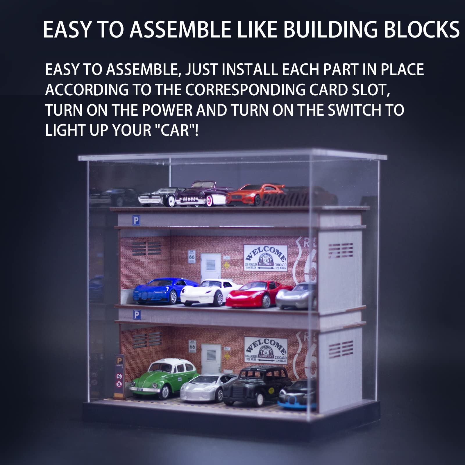 SIKIVOT Double Deck Garage Display Case, 1/64 Scale Parking Lot Model Car, Die-cast Car Garage Display Case,12 Parking Space with LED Light and Acrylic Cover (7642 Red Brick Wall)