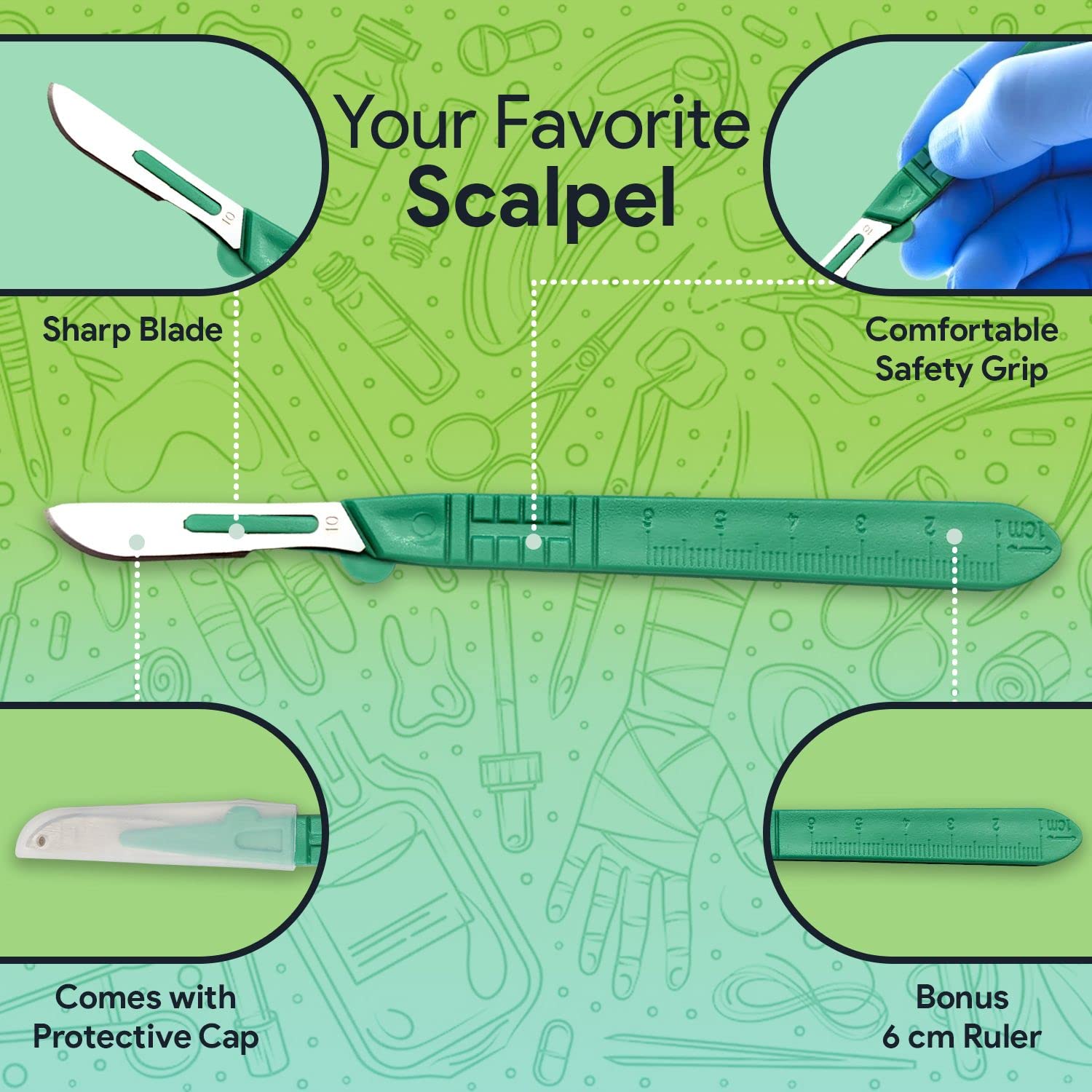 Disposable Surgical Scalpel Knife #10 - Ten Individually Wrapped Sterile Scalpel Blades - Dermaplaning Tool for Face Professional - Surgical Blade Scalpels with Safety Grip