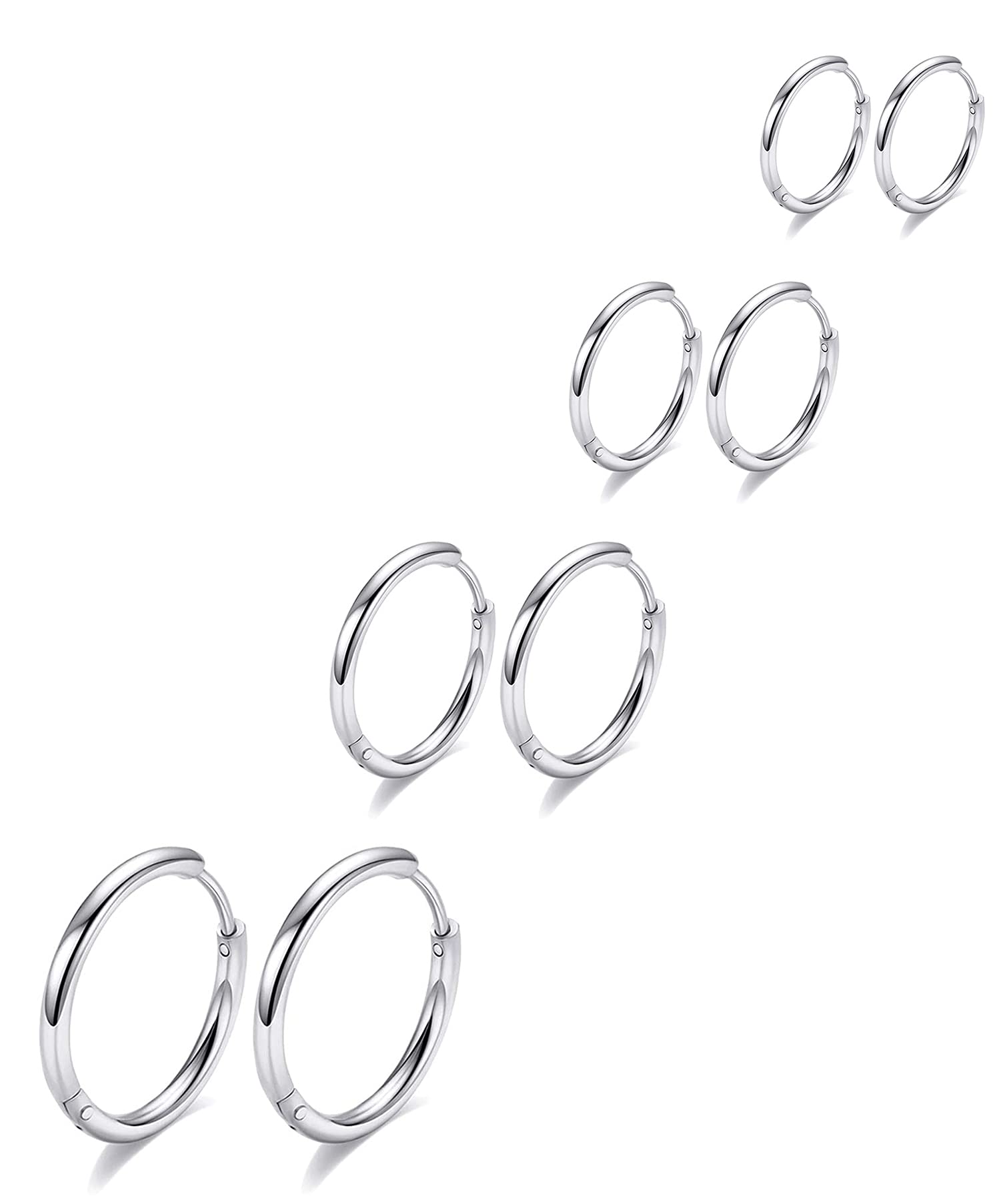 4 Pairs 316L Surgical Stainless Steel Small Huggie Hoop Earrings Set Hypoallergenic Hoops Cartilage Helix Lobes Hinged Sleeper Earrings for Men Women for Multiple Piercings (6/8/10/12mm Silver,4 Pairs