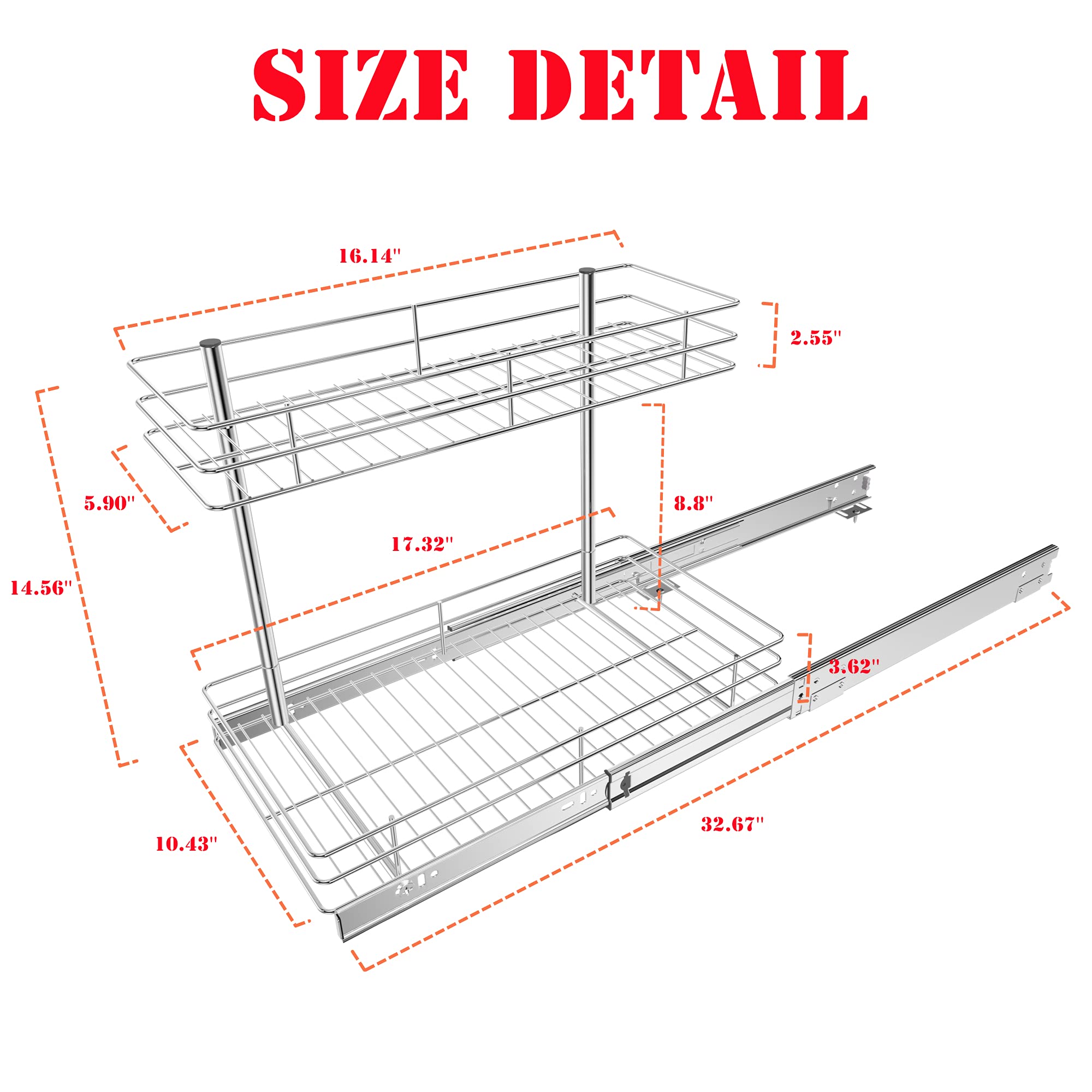 HOSUN Pull Out Under Sink Cabinet Organizer, 2 Tier Slide Wire Shelf Basket- 10.43W x 17.32D x 14.56H - Request at Least 12 inch Cabinet Opening, Perfect For Kitchen/vanity Under Sink Storage