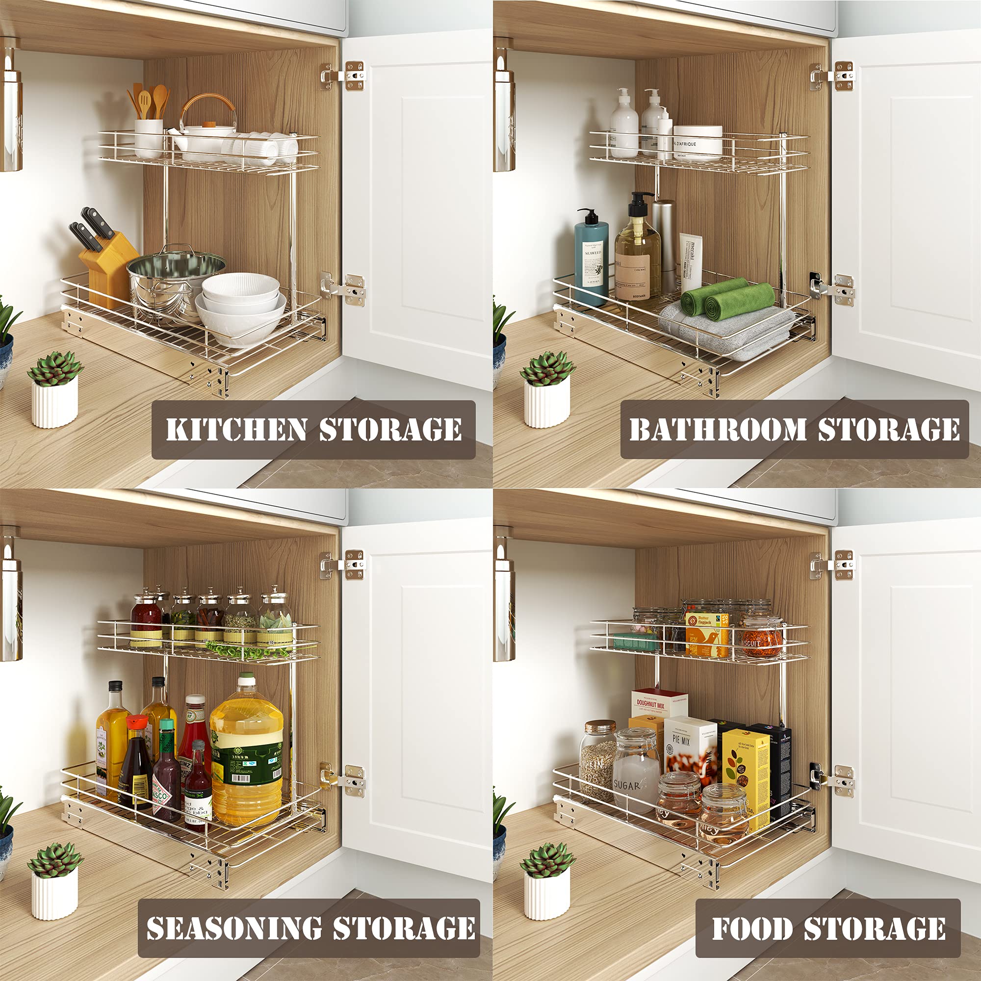 HOSUN Pull Out Under Sink Cabinet Organizer, 2 Tier Slide Wire Shelf Basket- 10.43W x 17.32D x 14.56H - Request at Least 12 inch Cabinet Opening, Perfect For Kitchen/vanity Under Sink Storage