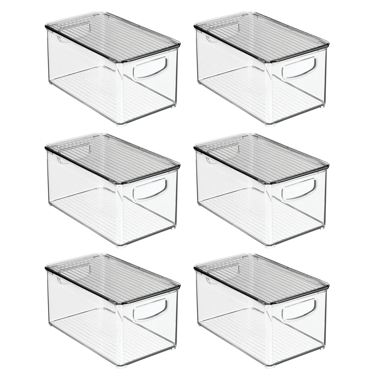 mDesign Plastic Deep Storage Organizer Bin Box with Lid/Built-in Handles for Crafting Supplies, Holder for Sewing, Crochet, Thread, Beads, Ribbon, Glitter, Ligne Collection, 6 Pack, Clear/Smoke Gray