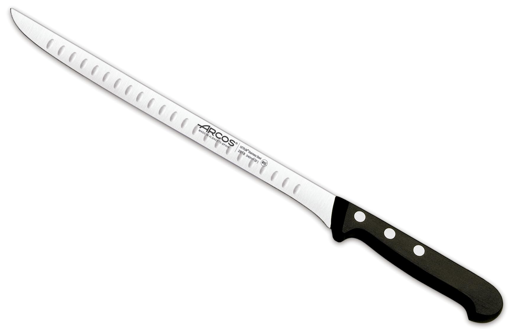 ARCOS Series Universal - Slicing Knife Ham Knife - Blade Nitrum Stainless Steel 9" with Granton Edge - Handle Polyoxymethylene (POM) Black Color,281801