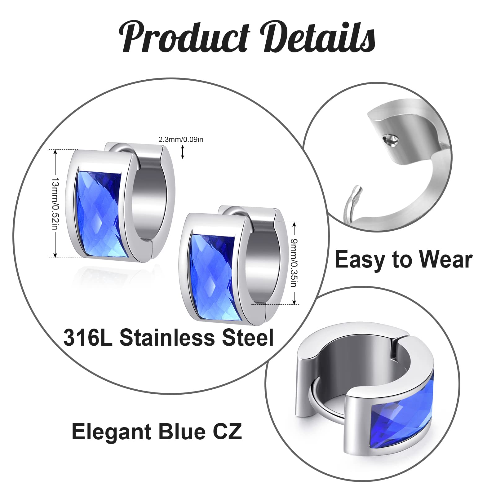 Ritach Stainless Steel Hoop Earrings for Men Blue CZ
